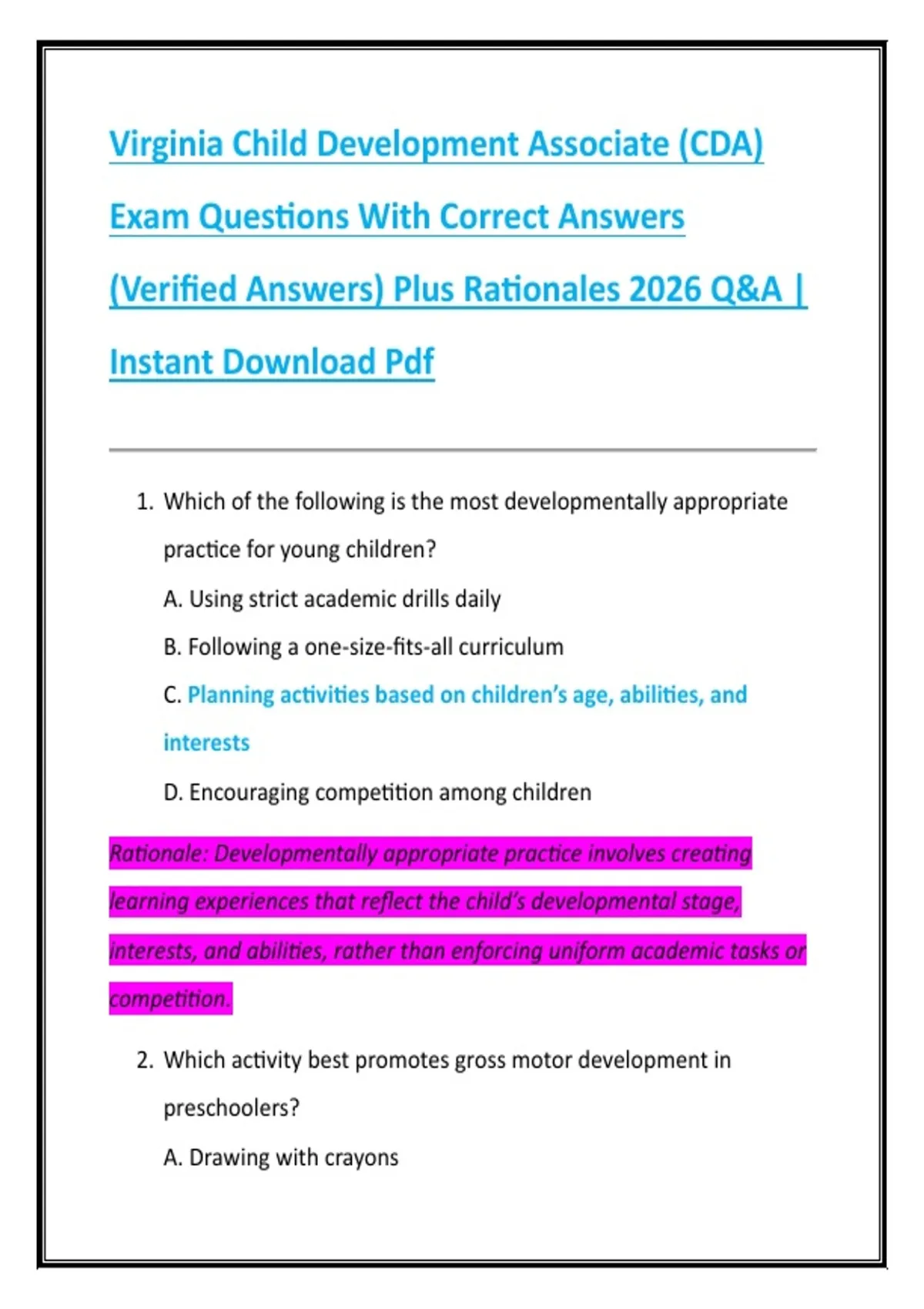 Virginia Child Development Associate (CDA) Exam Questions With Correct ...