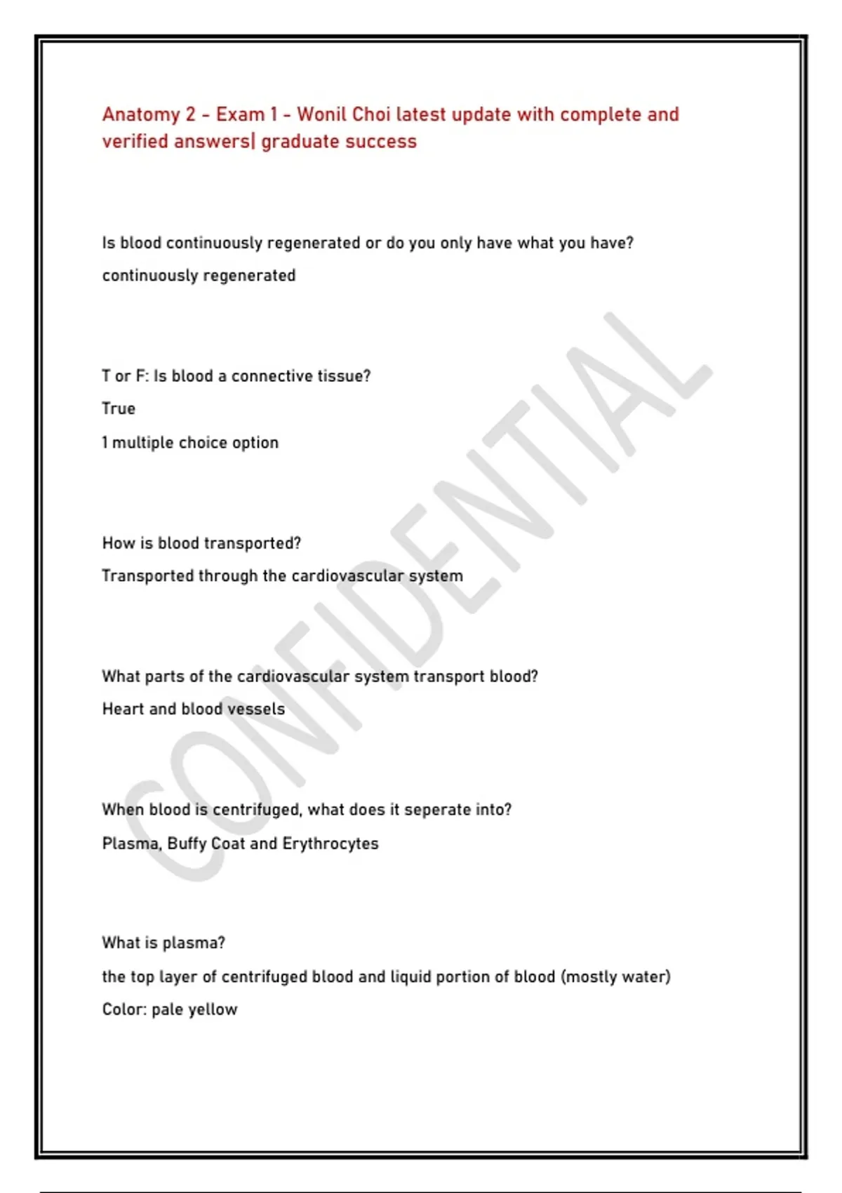 Anatomy 2 - Exam 1 - Wonil Choi latest update with complete and ...