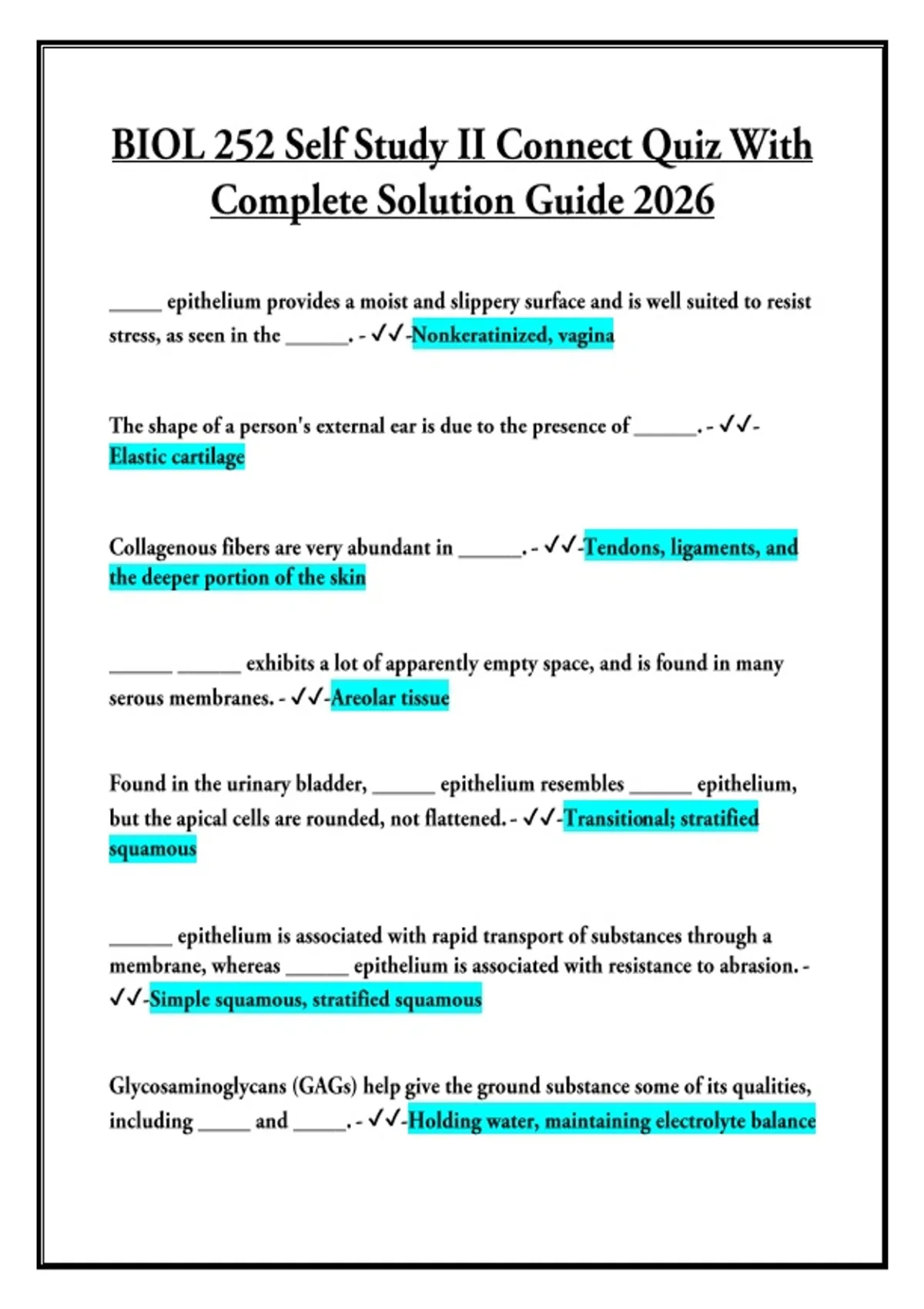 BIOL 252 Self Study II Connect Quiz With Complete Solution Guide 2026 ...