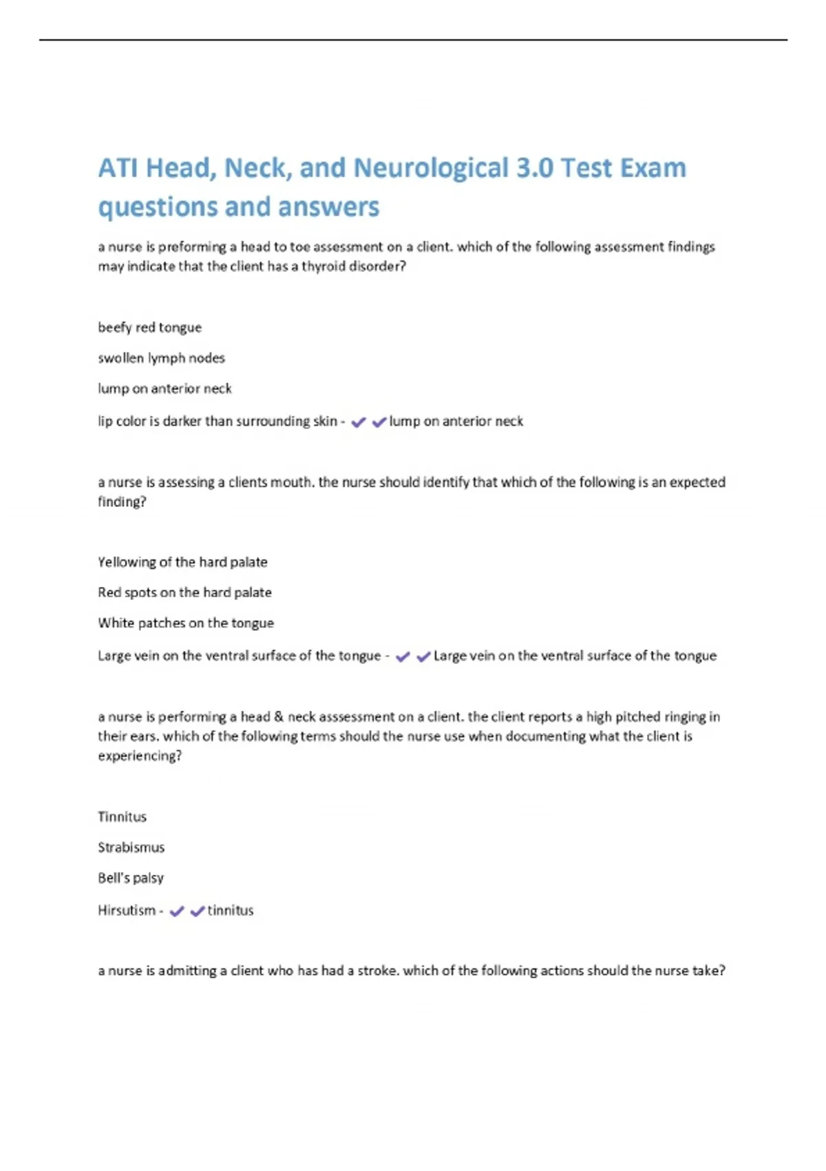 ATI Head, Neck, and Neurological 3.0 Test Exam questions and answers ...