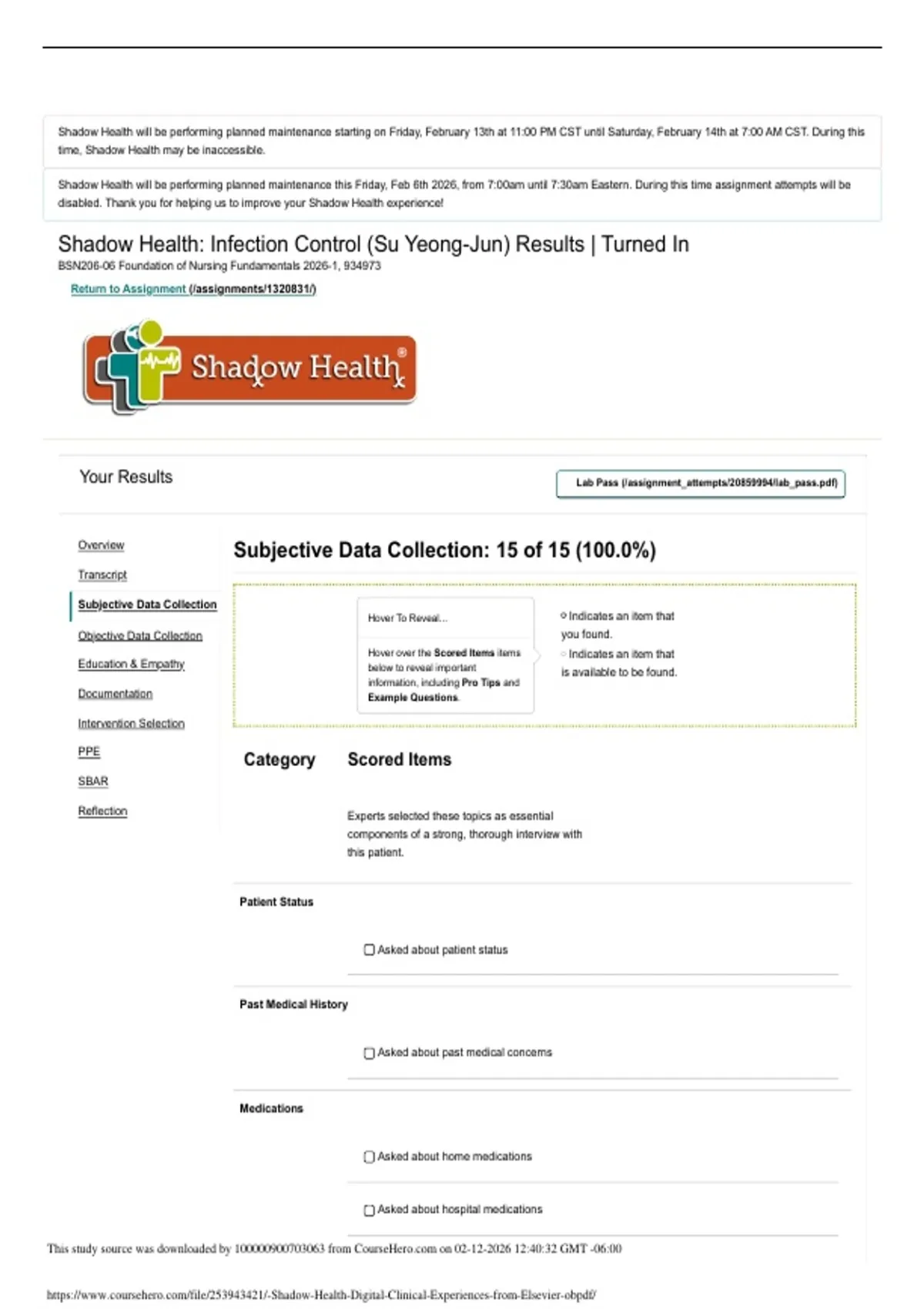 Shadow Health: Infection Control (Su Yeong-Jun) Results | Turned In ...