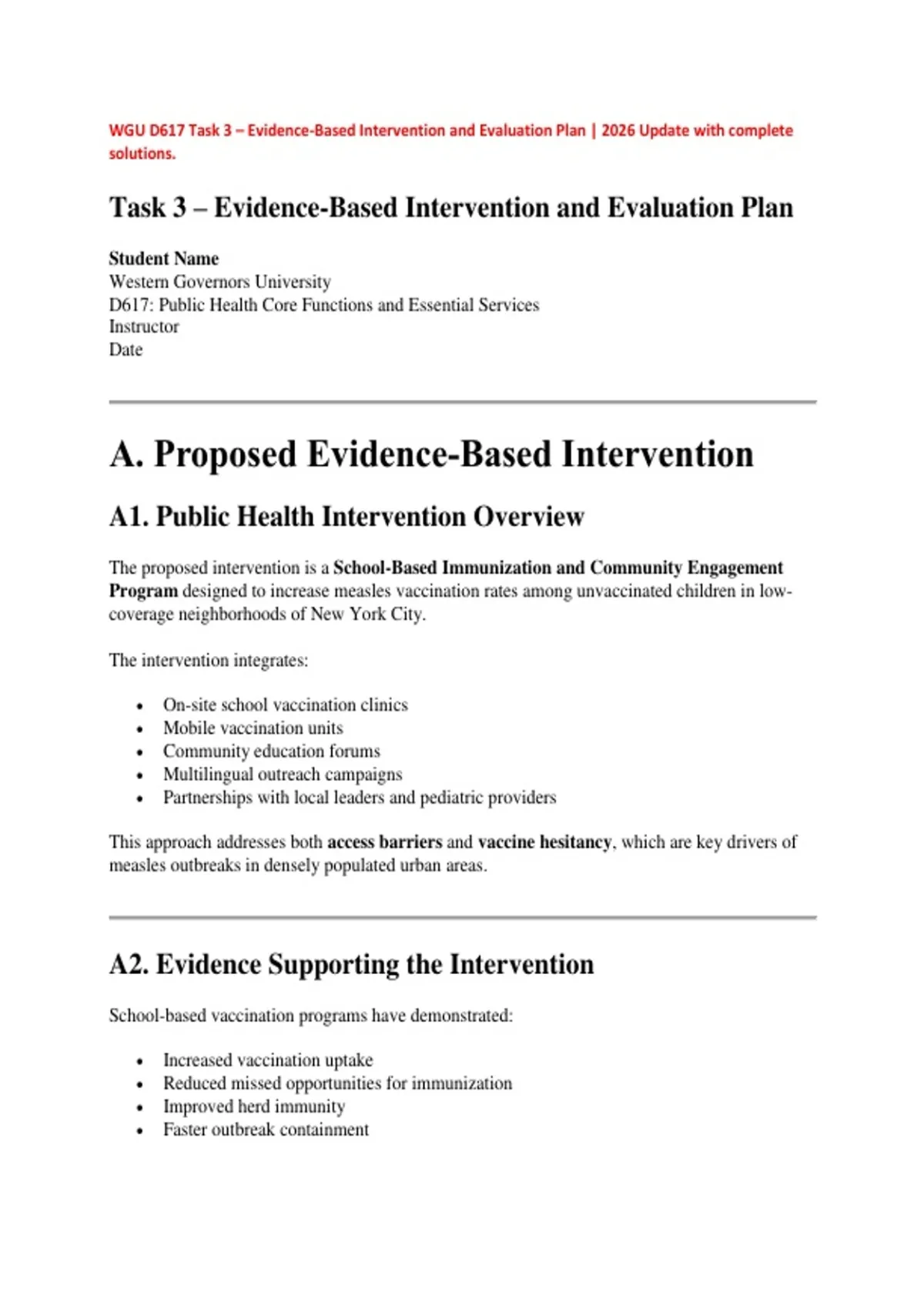 WGU D617 Task 3 – Evidence-Based Intervention and Evaluation Plan ...