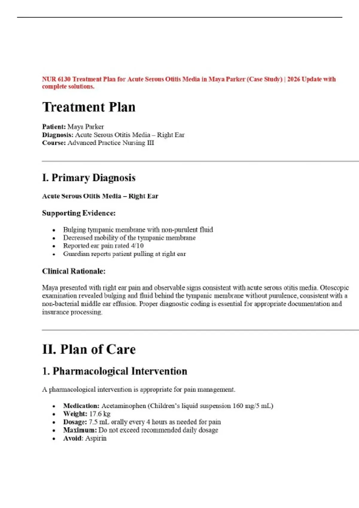 Summary NUR 6130 Treatment Plan for Acute Serous Otitis Media in Maya ...