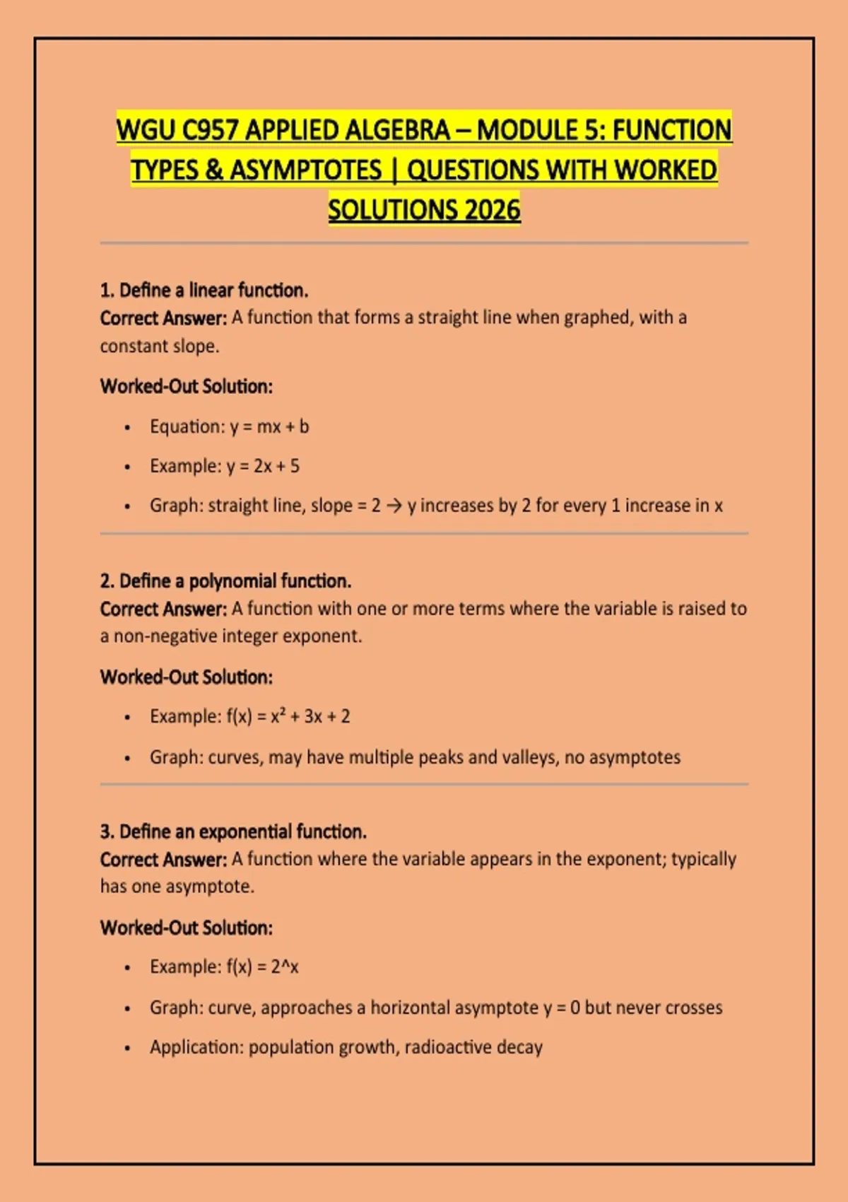 WGU C957 APPLIED ALGEBRA – MODULE 5: FUNCTION TYPES & ASYMPTOTES ...