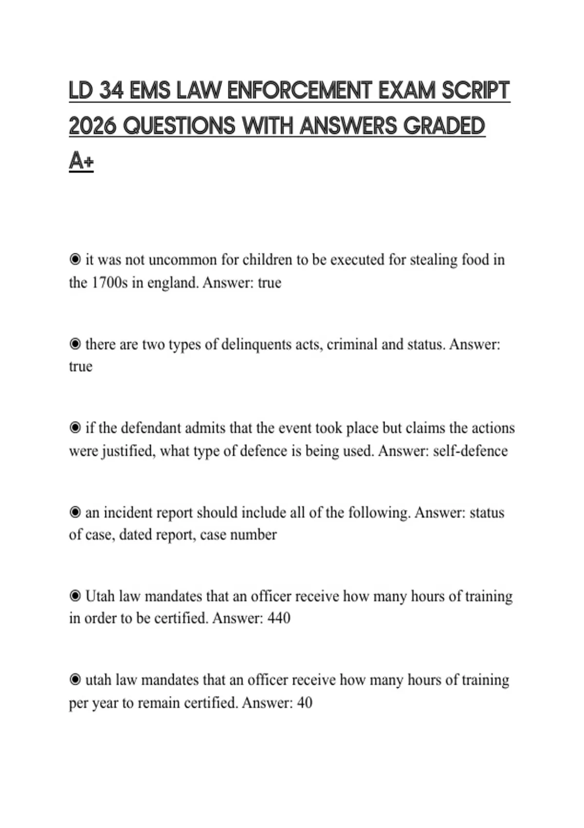 LD 34 EMS LAW ENFORCEMENT EXAM SCRIPT 2026 QUESTIONS WITH ANSWERS ...