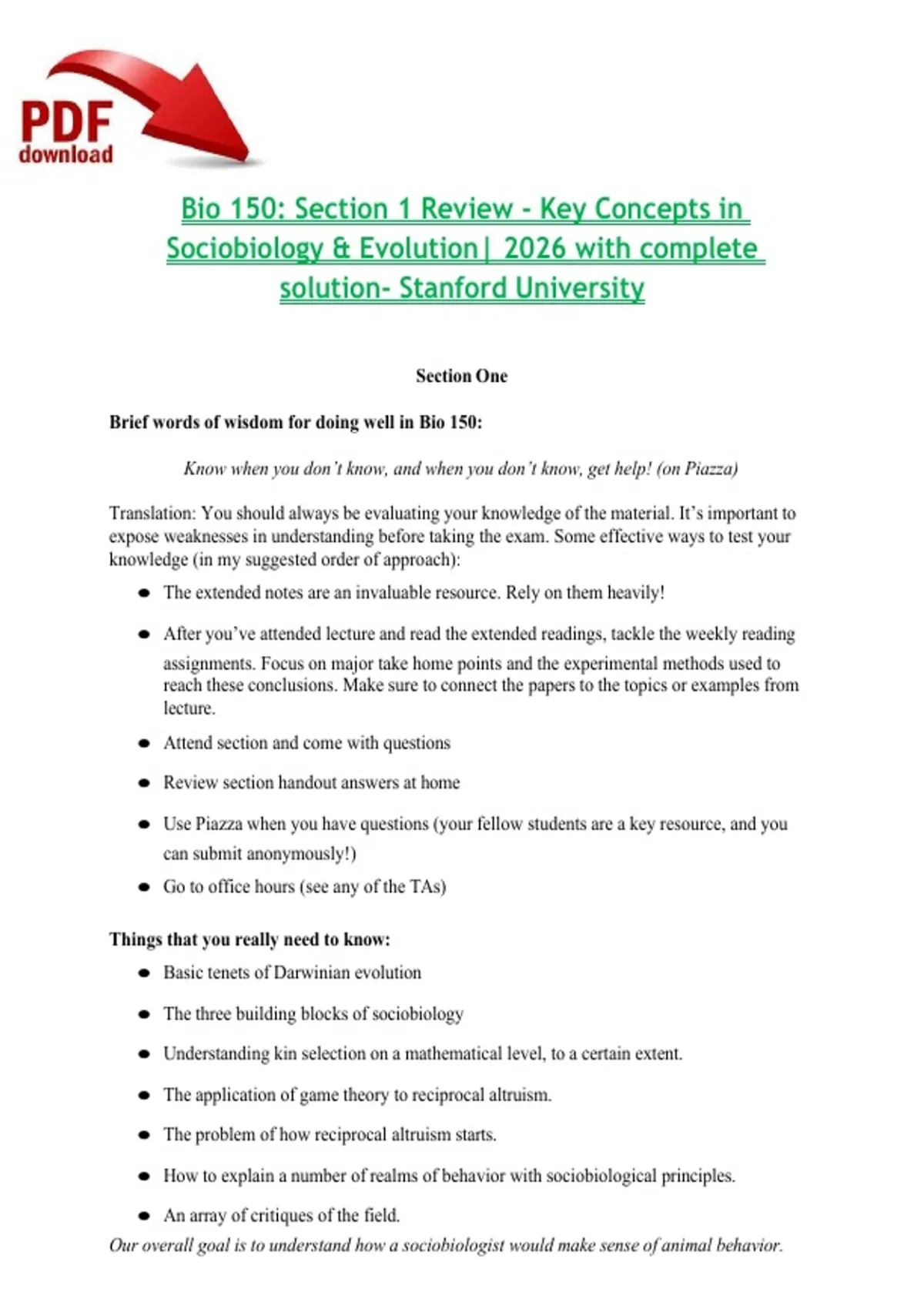 Bio 150: Section 1 Review - Key Concepts in Sociobiology & Evolution ...