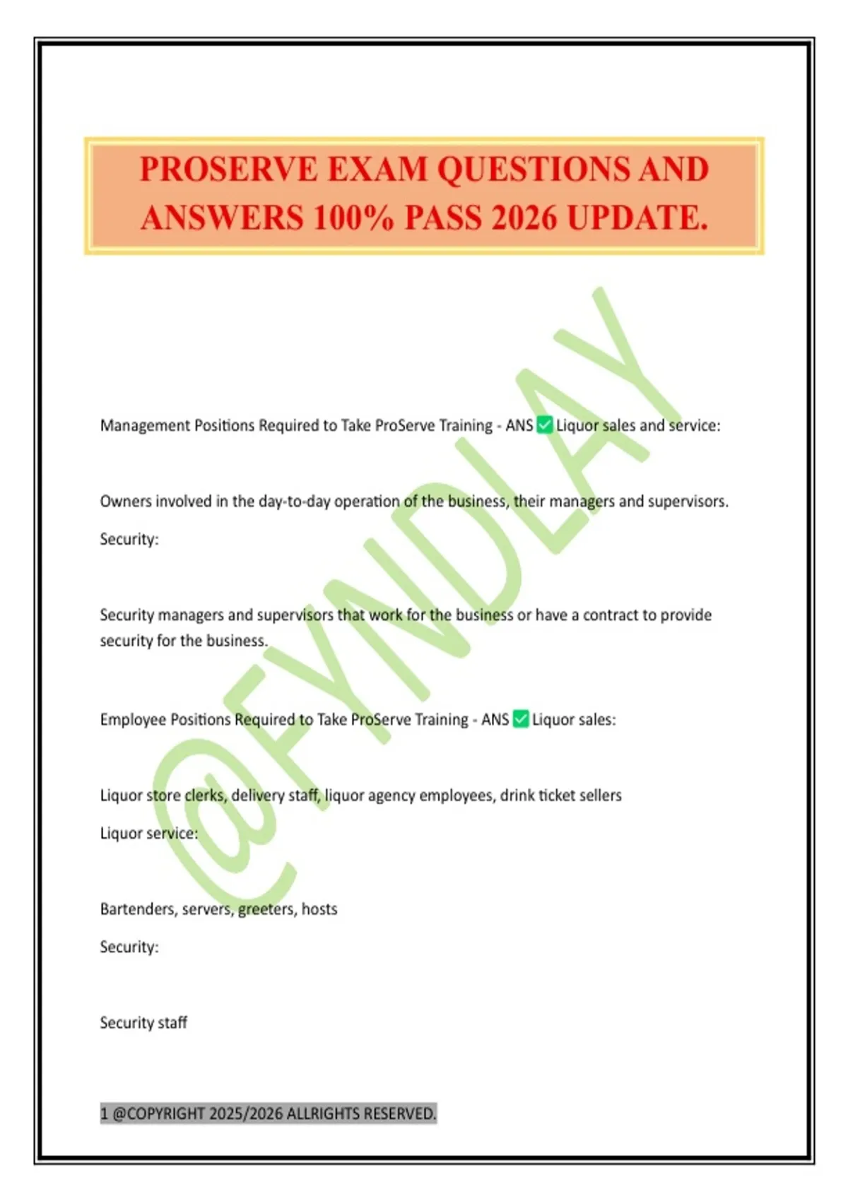 PROSERVE EXAM QUESTIONS AND ANSWERS 100% PASS 2026 UPDATE. - PROSERVE ...