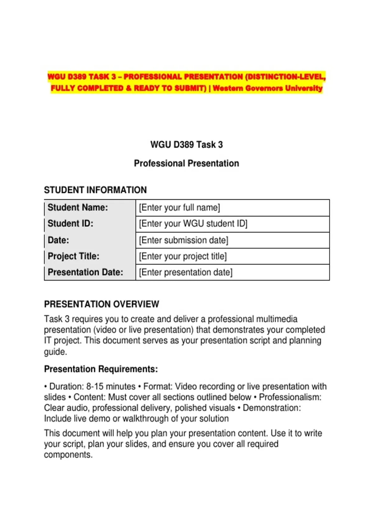 WGU D389 TASK 3 – PROFESSIONAL PRESENTATION (DISTINCTION-LEVEL, FULLY ...