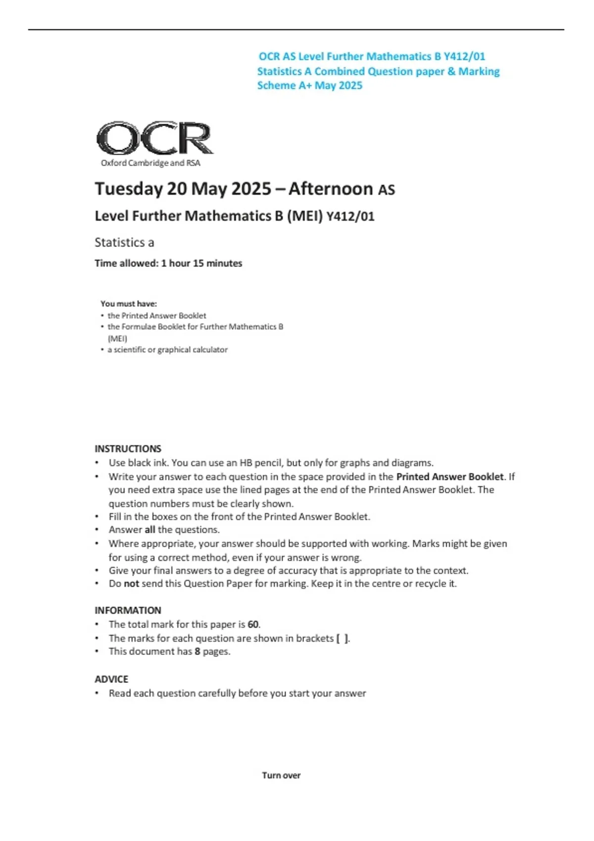 OCR AS Level Further Mathematics B Y412/01 Statistics A Combined ...