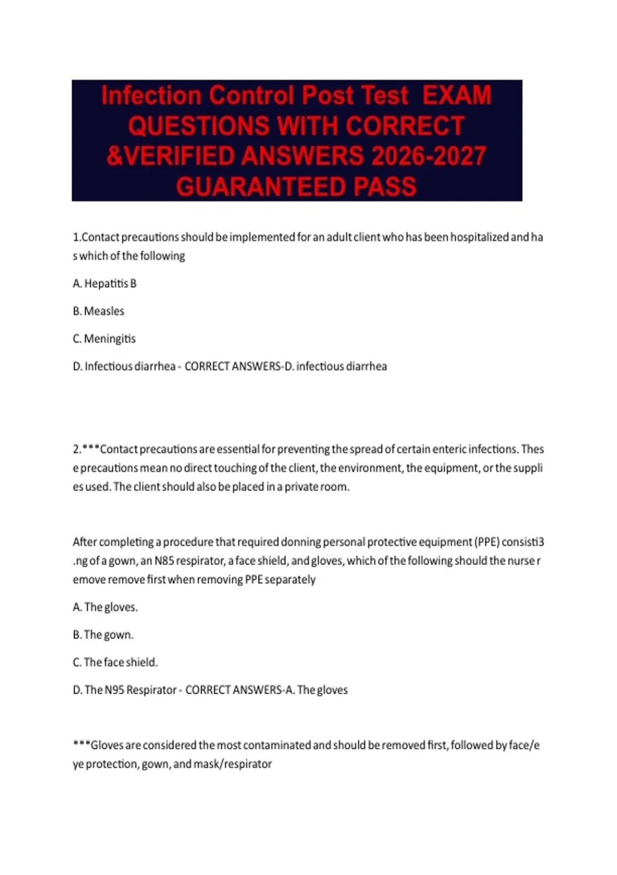 Infection Control Post Test EXAM QUESTIONS WITH CORRECT &VERIFIED ...