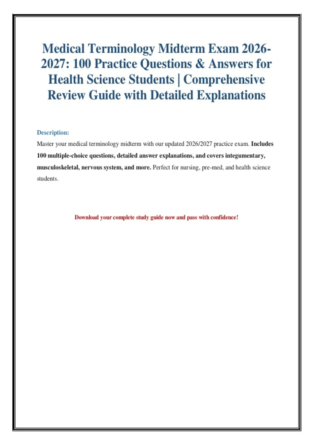 Medical Terminology Midterm Exam (): 100 Questions & Answers - Medical ...