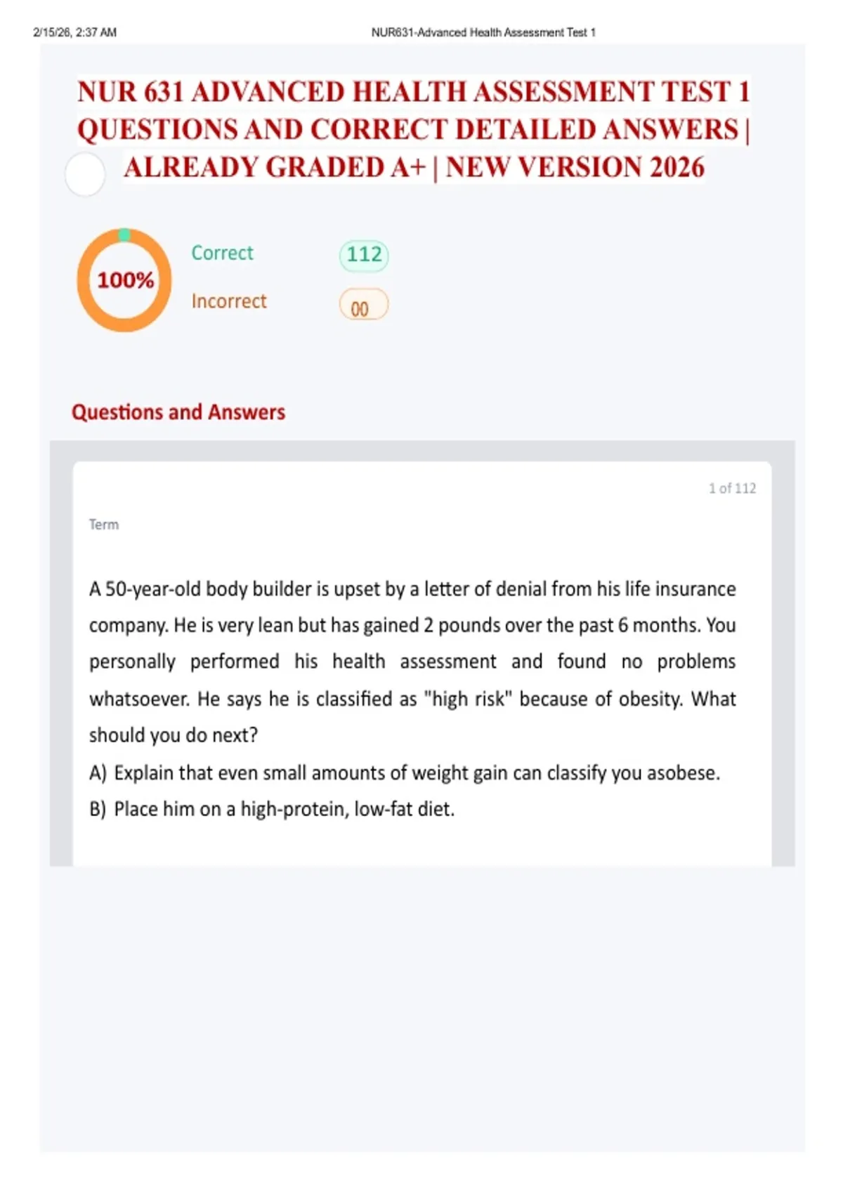 NUR 631 ADVANCED HEALTH ASSESSMENT TEST 1 QUESTIONS AND CORRECT ...