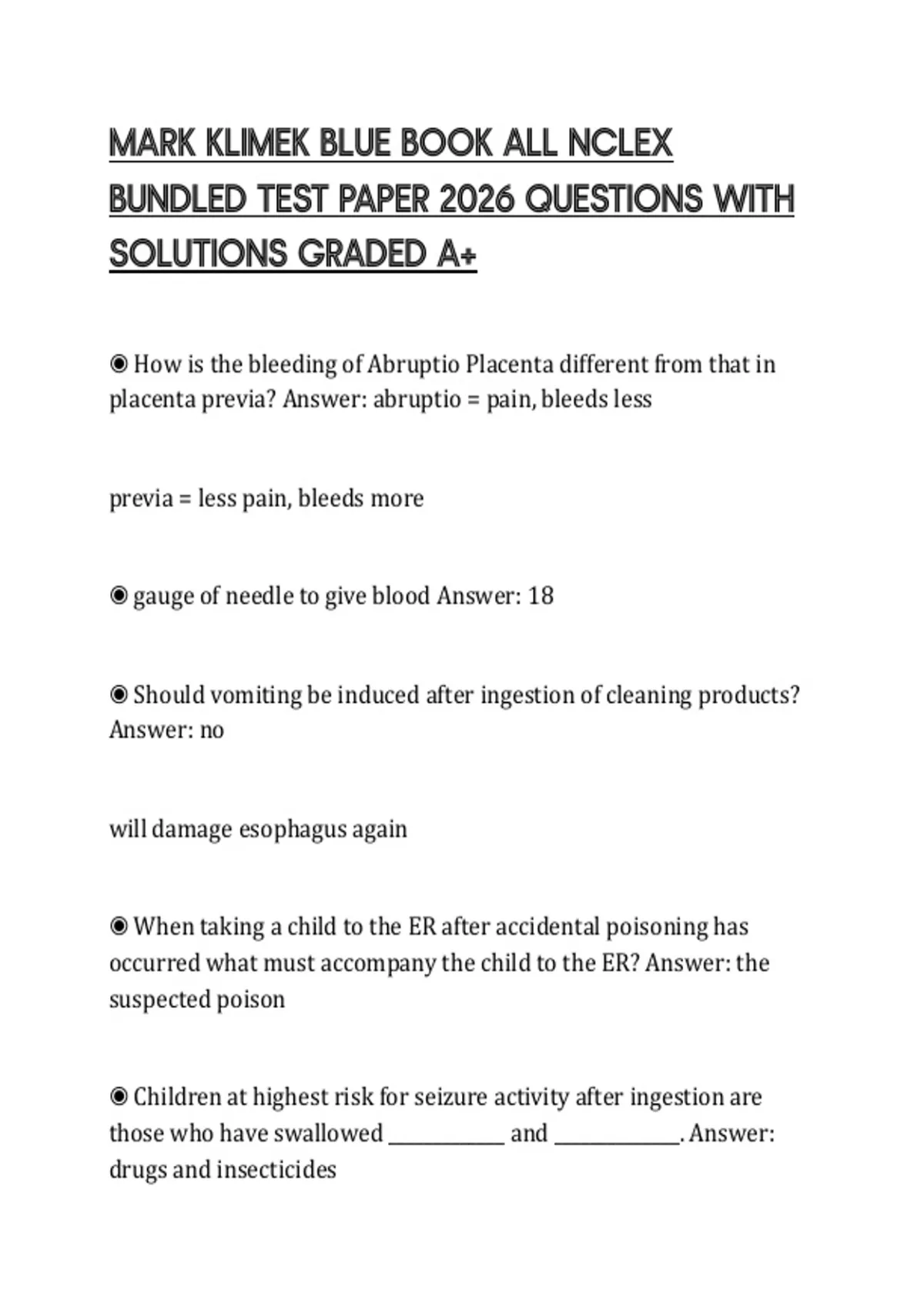 MARK KLIMEK BLUE BOOK ALL NCLEX BUNDLED TEST PAPER 2026 QUESTIONS WITH ...