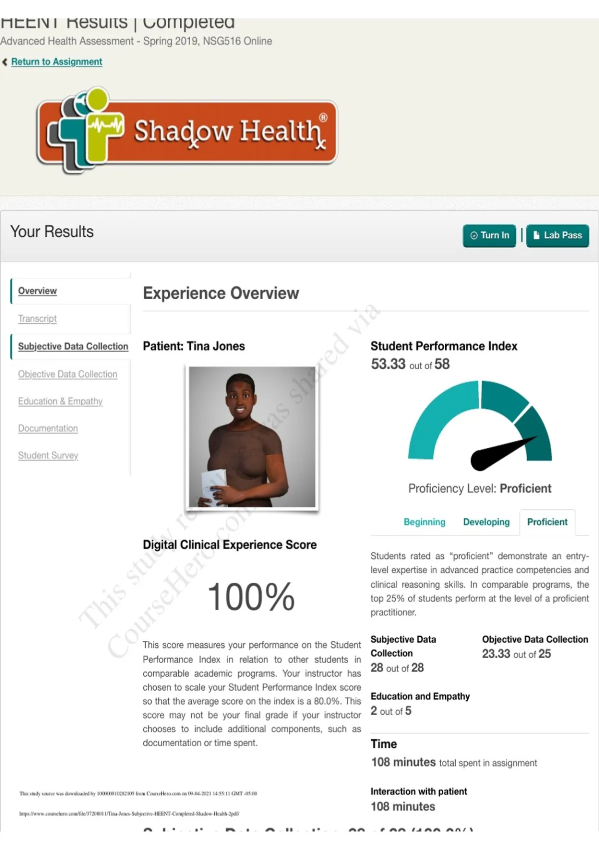 Shadow Health HEENT Assessment Tina Jones Subjective HEENT Completed ...