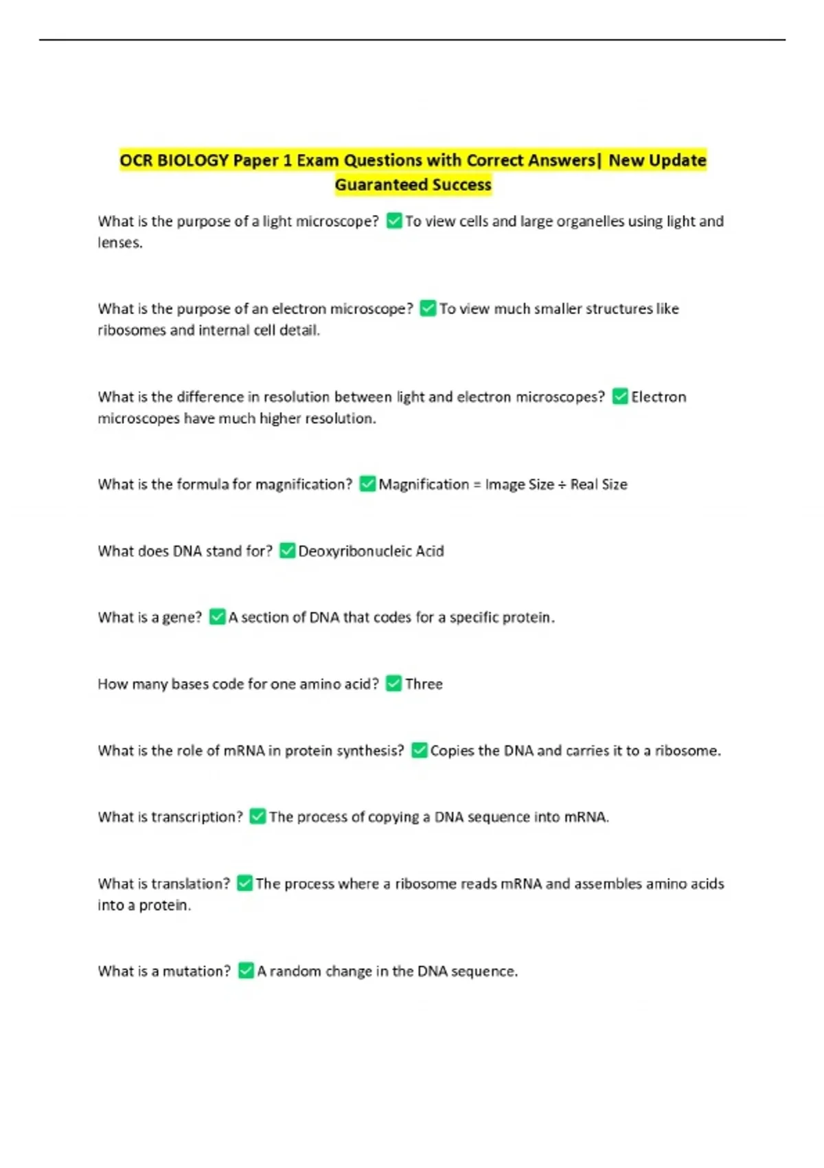 OCR BIOLOGY Paper 1 Exam Questions with Correct Answers| New Update ...
