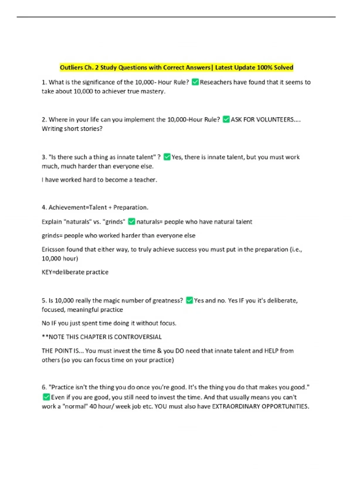 Outliers Ch. 2 Study Questions with Correct Answers| Latest Update ...