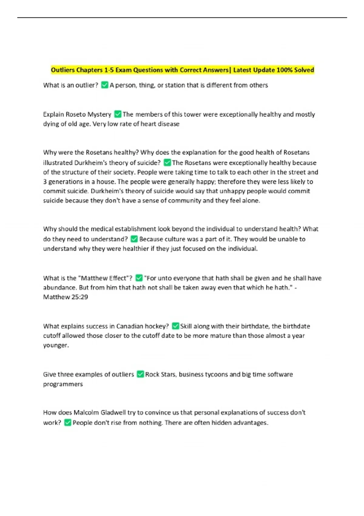 Outliers Chapters 1-5 Exam Questions with Correct Answers| Latest ...
