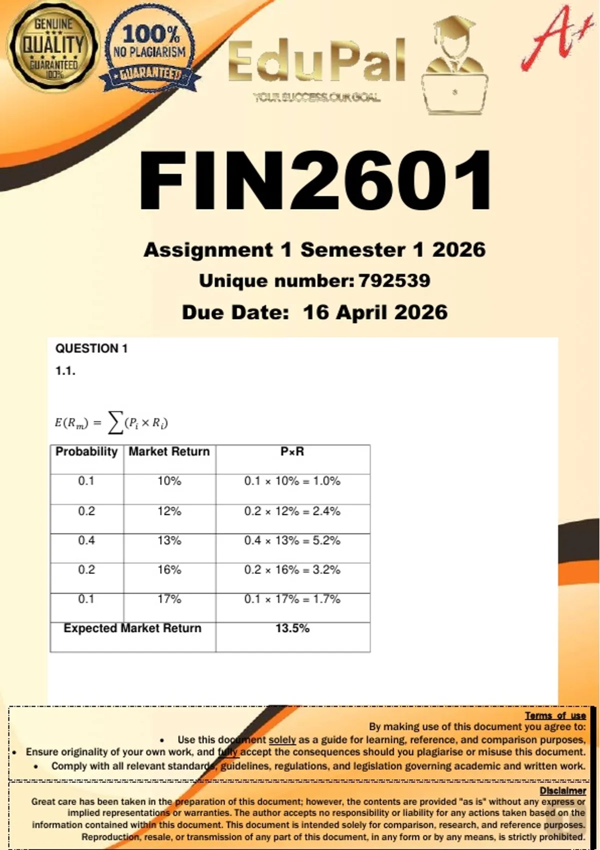 FIN2601 Assignment 1 (COMPLETE ANSWERS) Semester 1 2026 (792539) - DUE ...