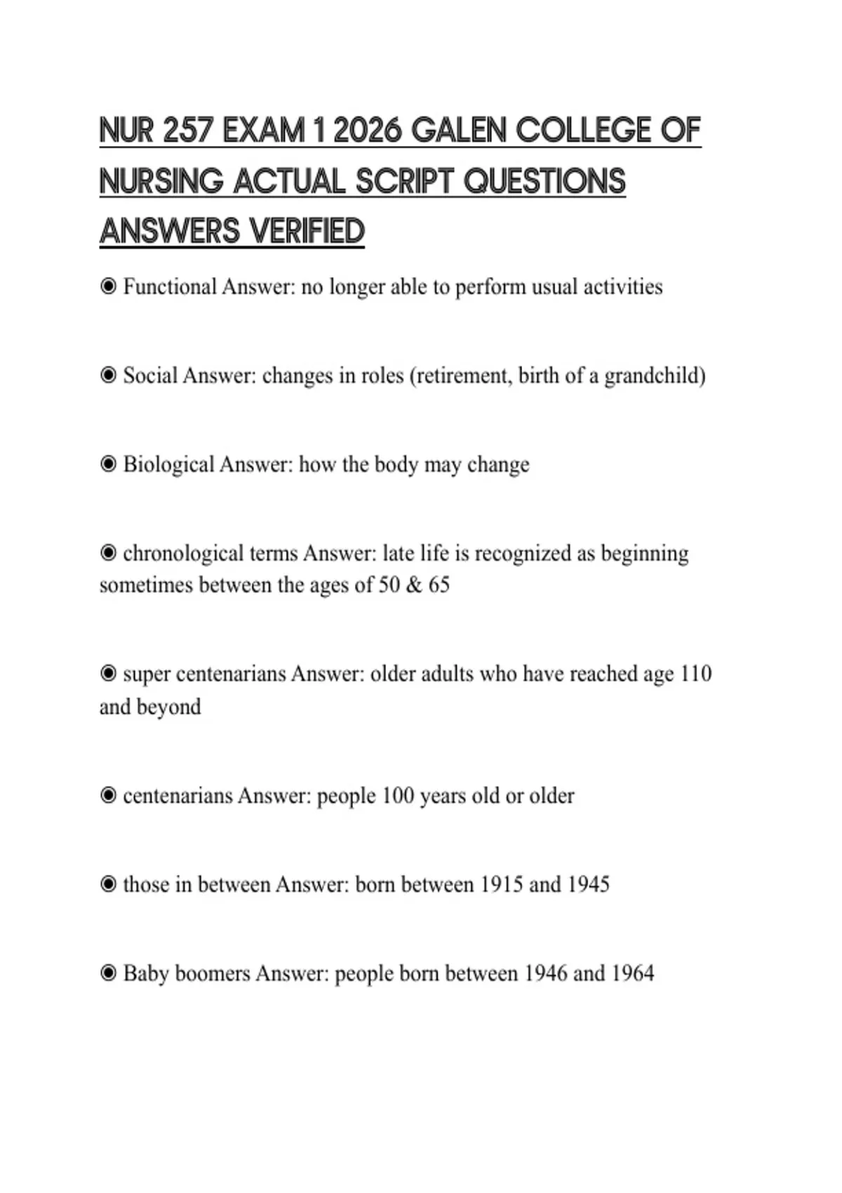 NUR 257 EXAM 1 2026 GALEN COLLEGE OF NURSING ACTUAL SCRIPT QUESTIONS ...