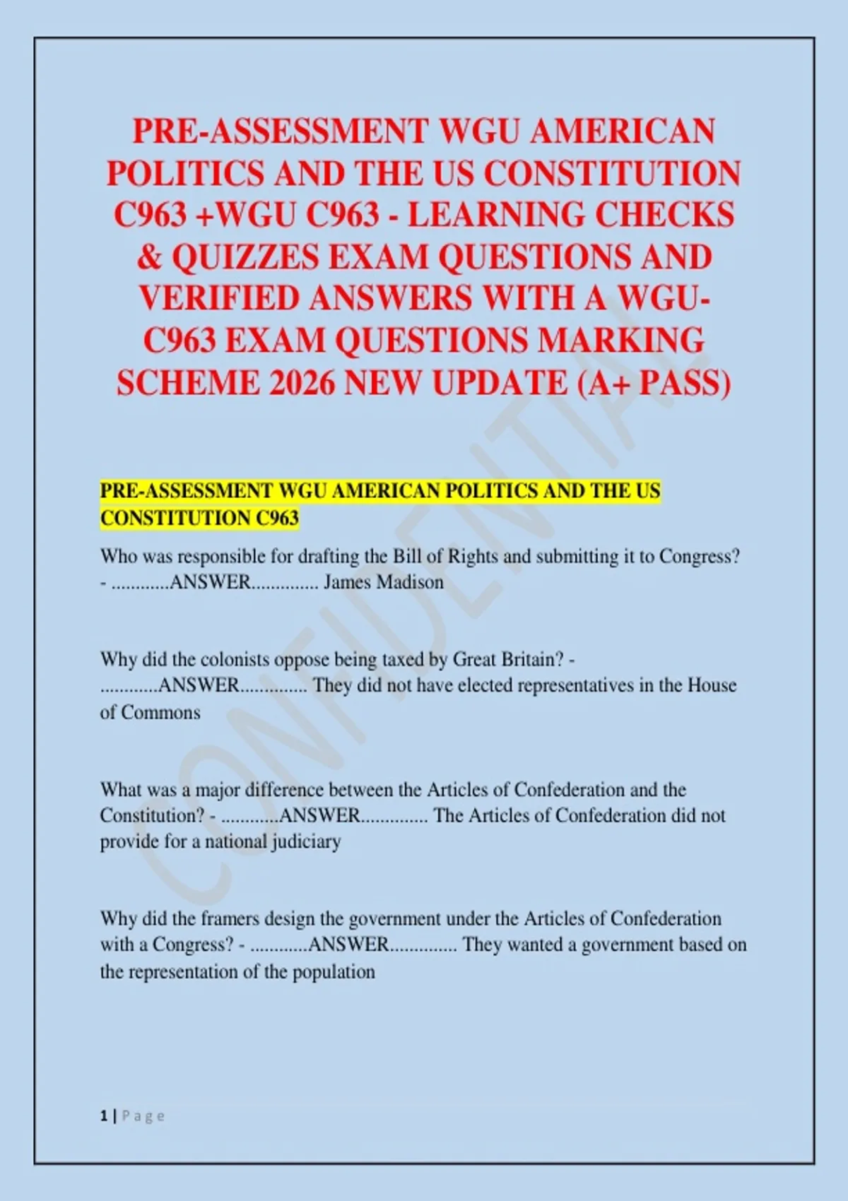 PRE-ASSESSMENT WGU AMERICAN POLITICS AND THE US CONSTITUTION C963 +WGU ...
