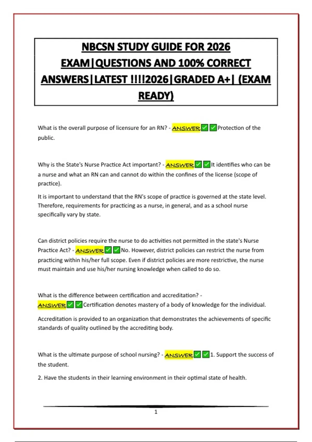 NBCSN STUDY GUIDE FOR 2026 EXAM|QUESTIONS AND 100% CORRECT ANSWERS ...