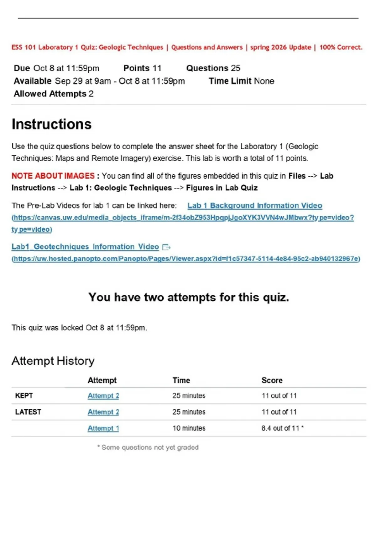ESS 101 Laboratory Quizzes 1,2,3,4,5,6,7 and 8 Bundle with complete ...