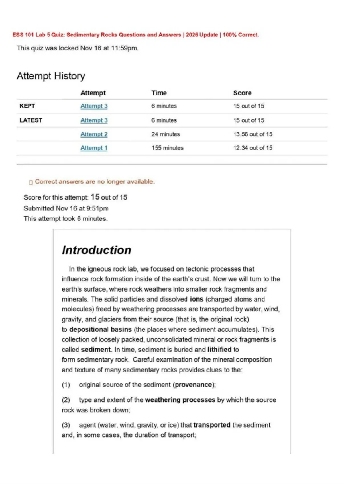 ESS 101 Lab 5 Quiz: Sedimentary Rocks | Questions and Answers | 2026 ...