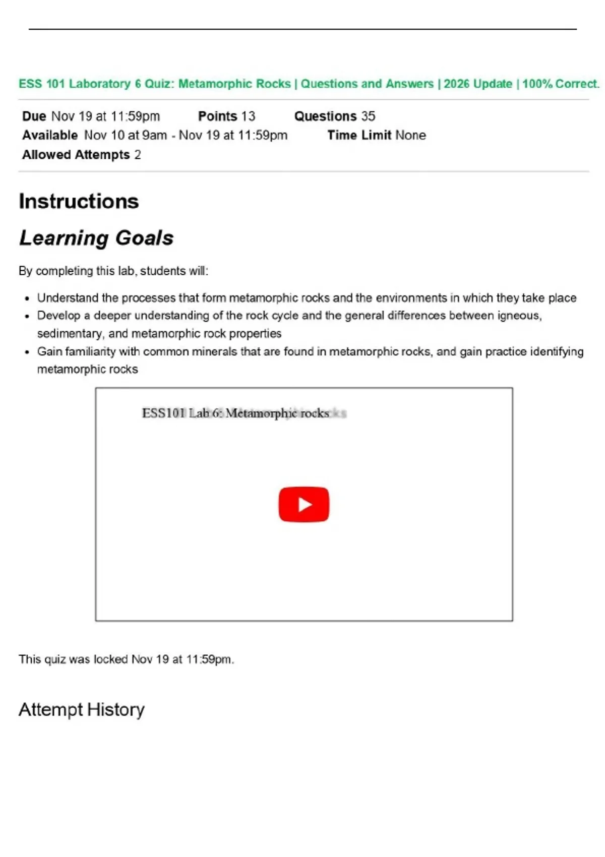 ESS 101 Laboratory 6 Quiz: Metamorphic Rocks | Questions and Answers ...