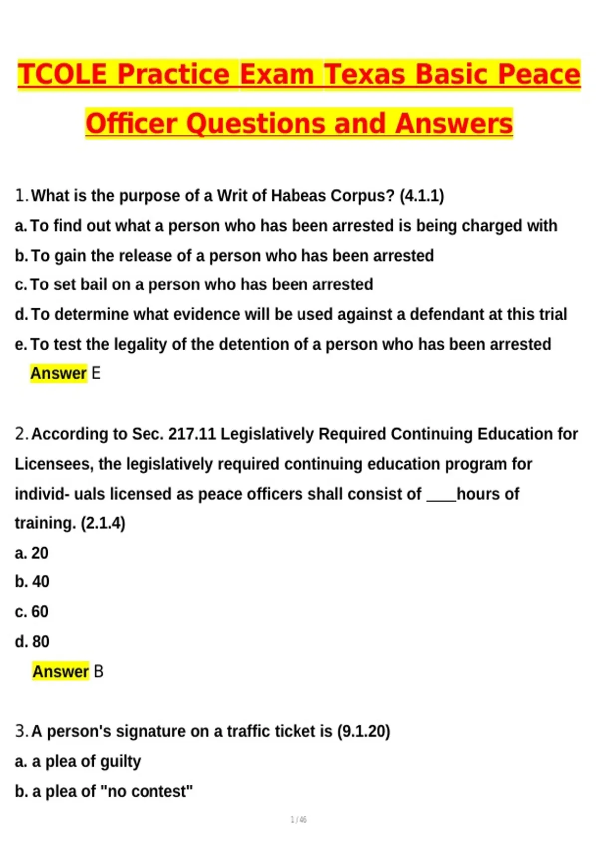TCOLE Practice Exam Texas Basic Peace Officer (Latest 2026 / 2027 ...