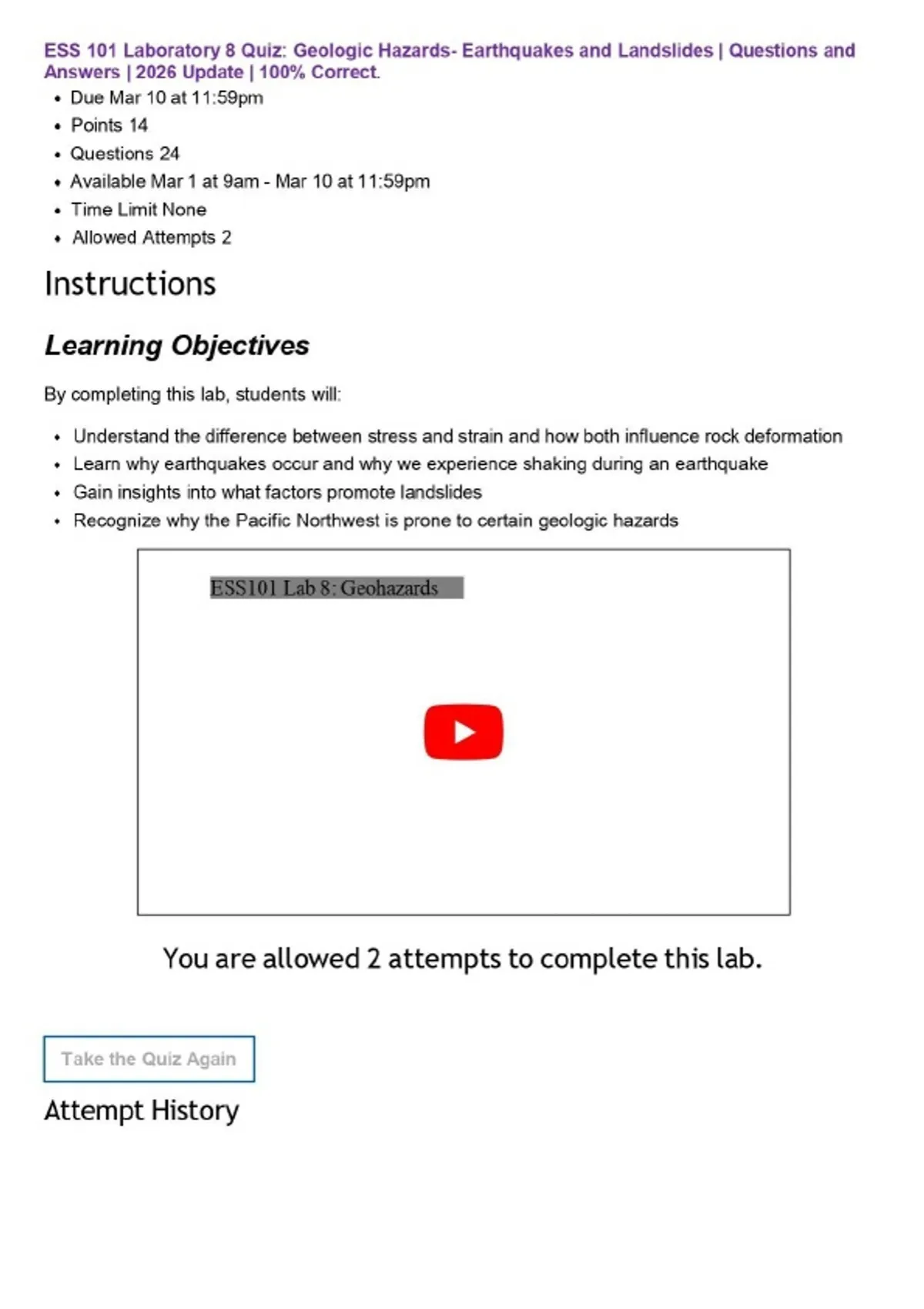 ESS 101 Laboratory 8 Quiz: Geologic Hazards- Earthquakes and Landslides ...