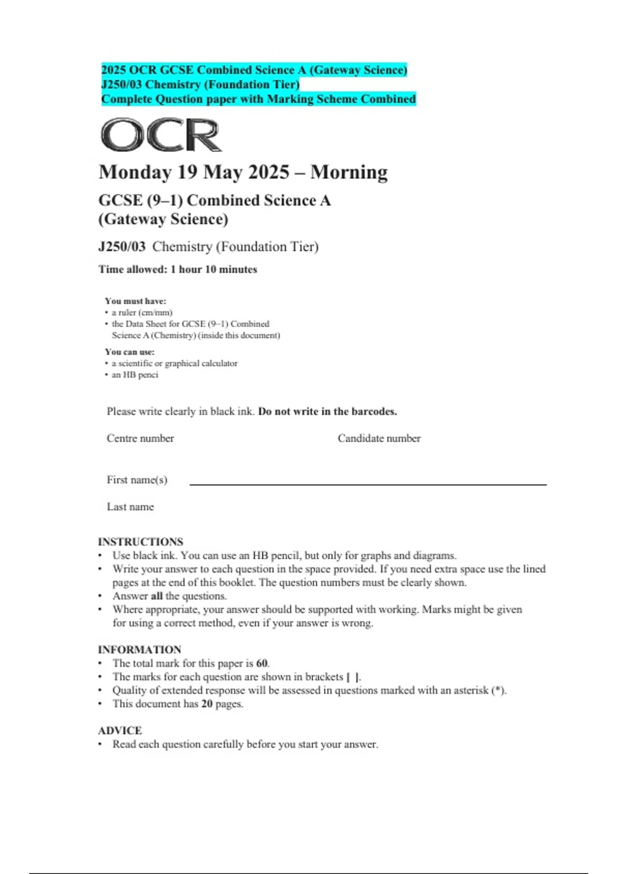 OCR GCSE Combined Science A (Gateway Science) J250/03 Chemistry ...