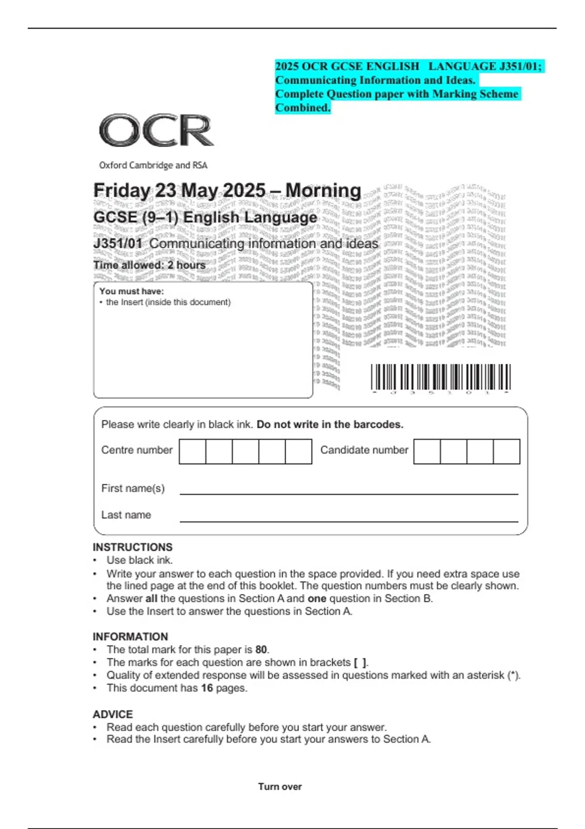 OCR English Language Foundation Tier 2025 Mark Scheme GCSE OCR English ...