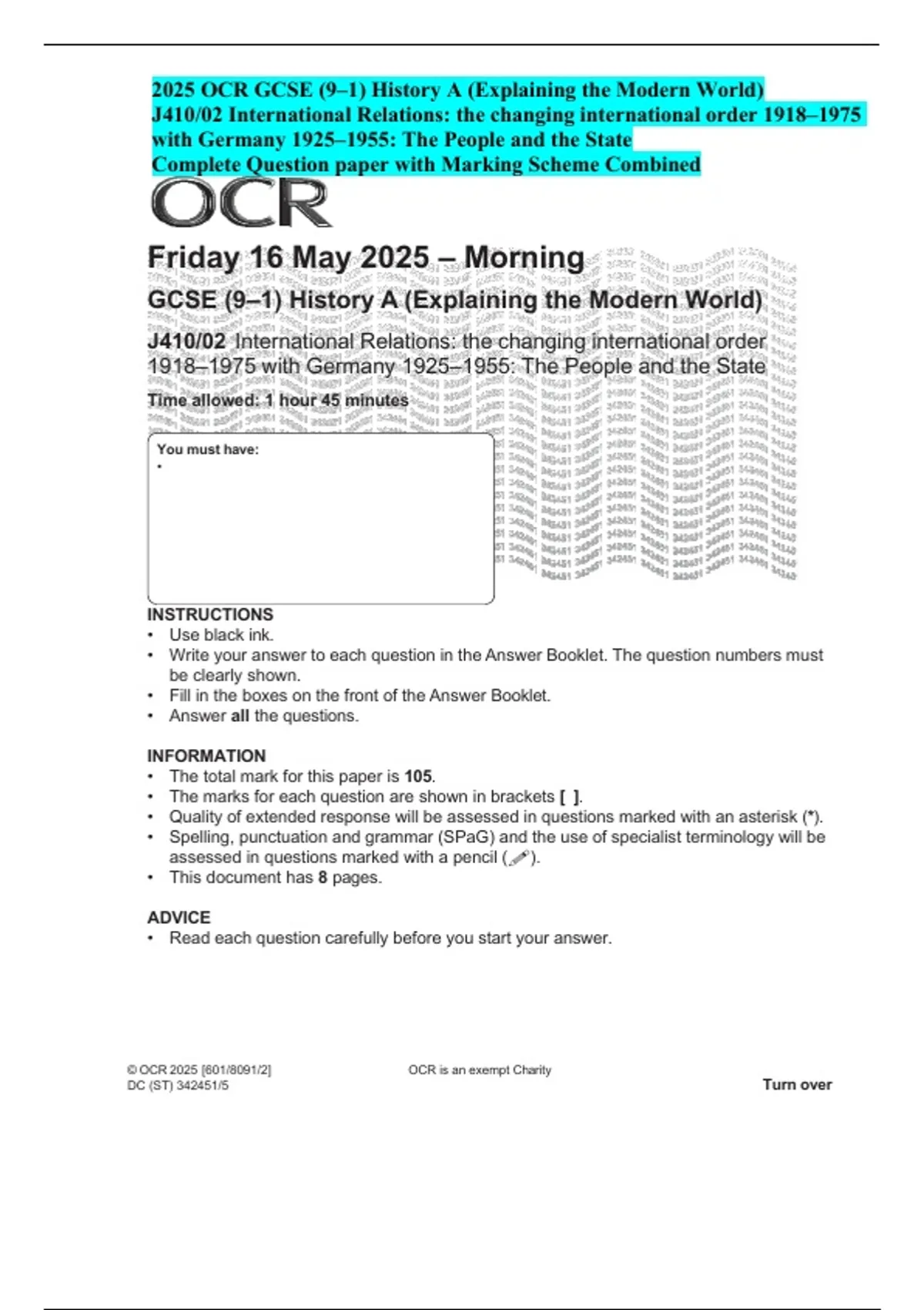 OCR GCSE History A 2025 Question Paper with Answers - History - Stuvia UK