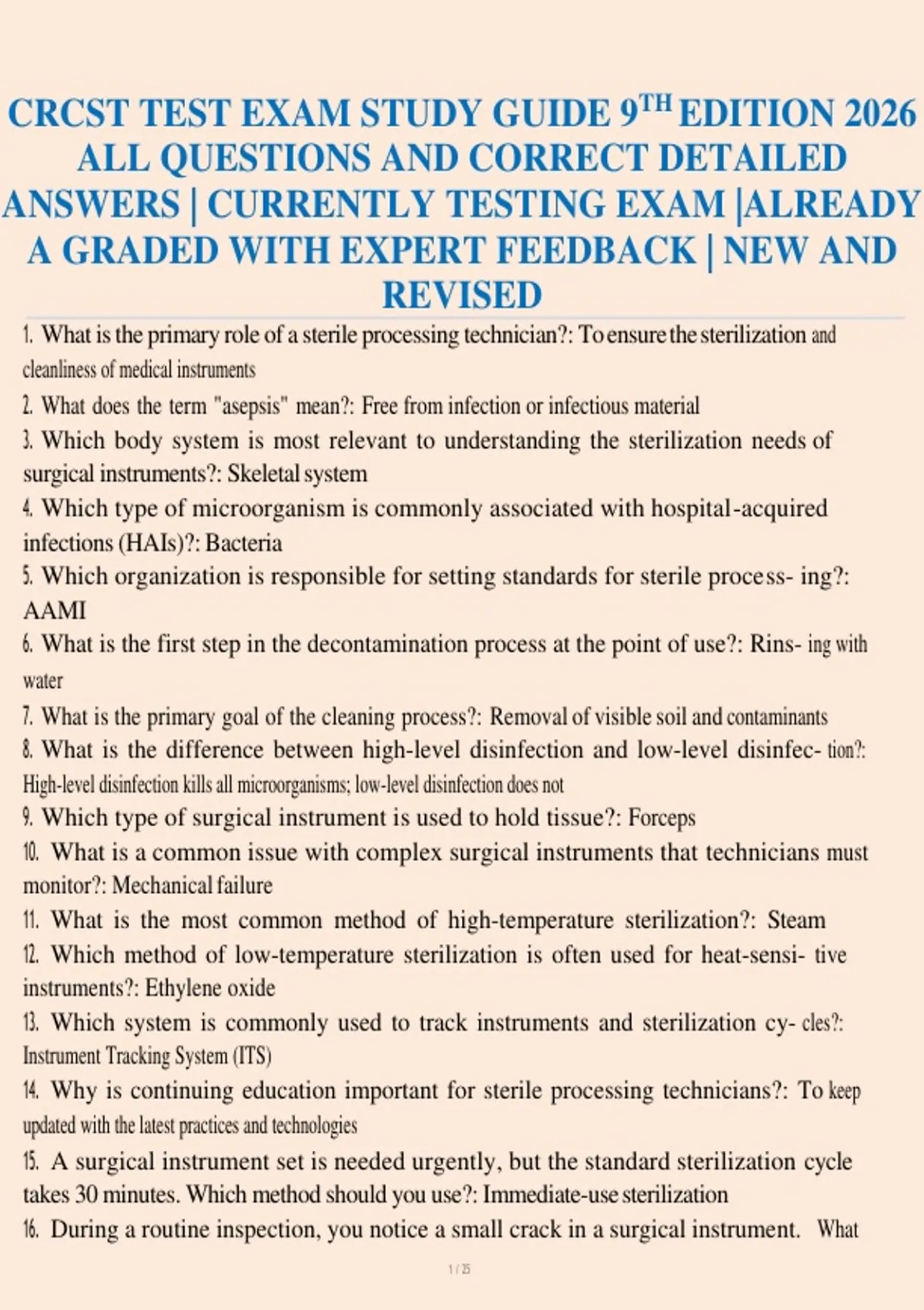 CRCST TEST EXAM STUDY GUIDE 9TH EDITION 2026 ALL QUESTIONS AND CORRECT ...