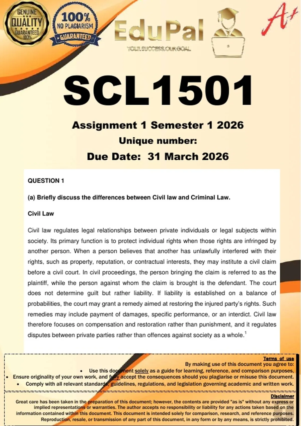 SCL1501 Assignment 1 (COMPLETE ANSWERS) Semester 1 2026 - DUE 2026 ...
