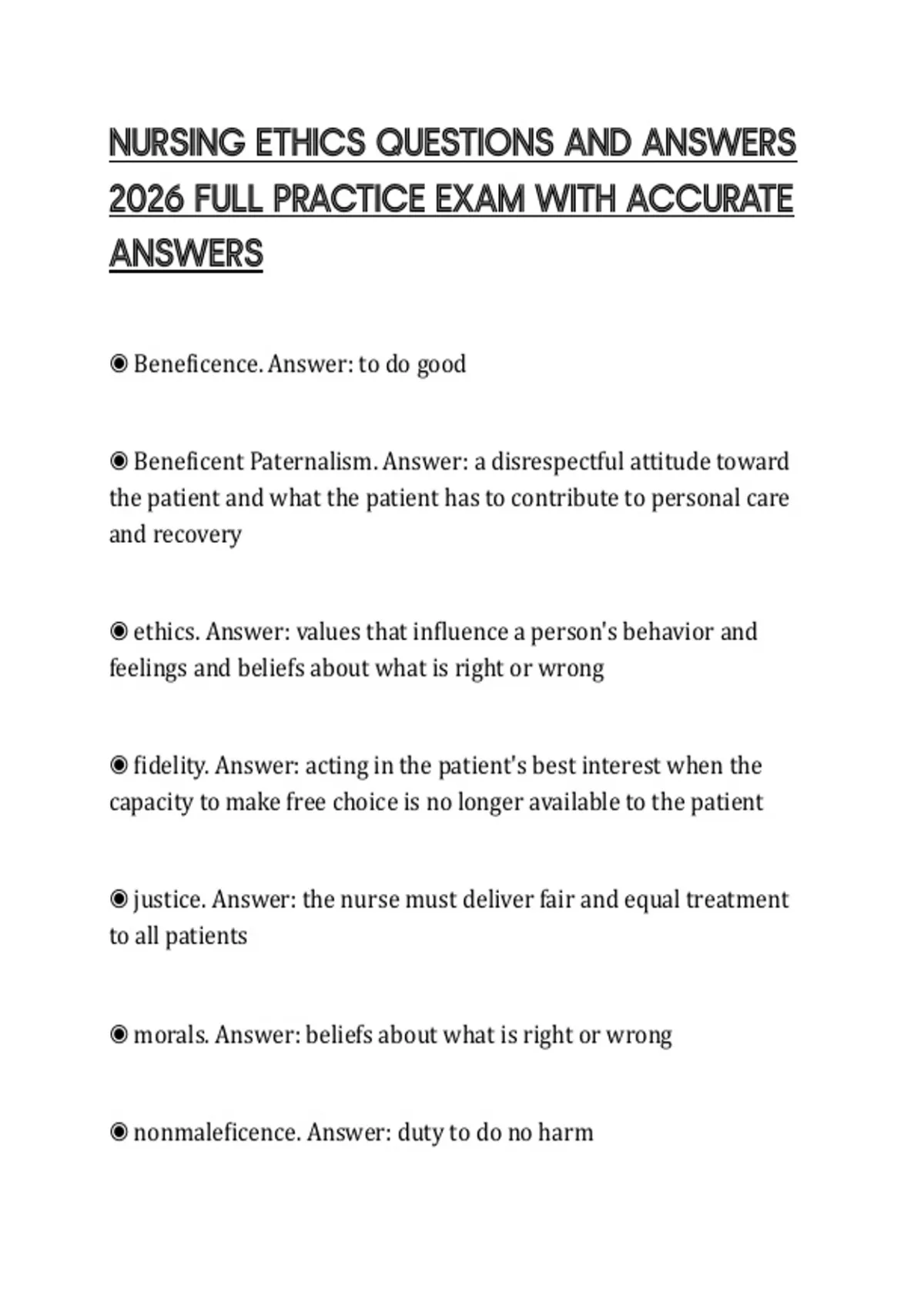 NURSING ETHICS QUESTIONS AND ANSWERS 2026 FULL PRACTICE EXAM WITH ...