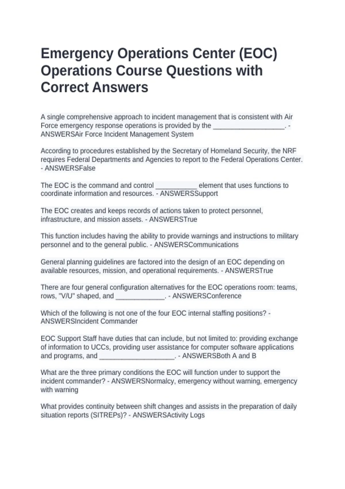 Emergency Operations Center (EOC) Operations Course Questions with ...