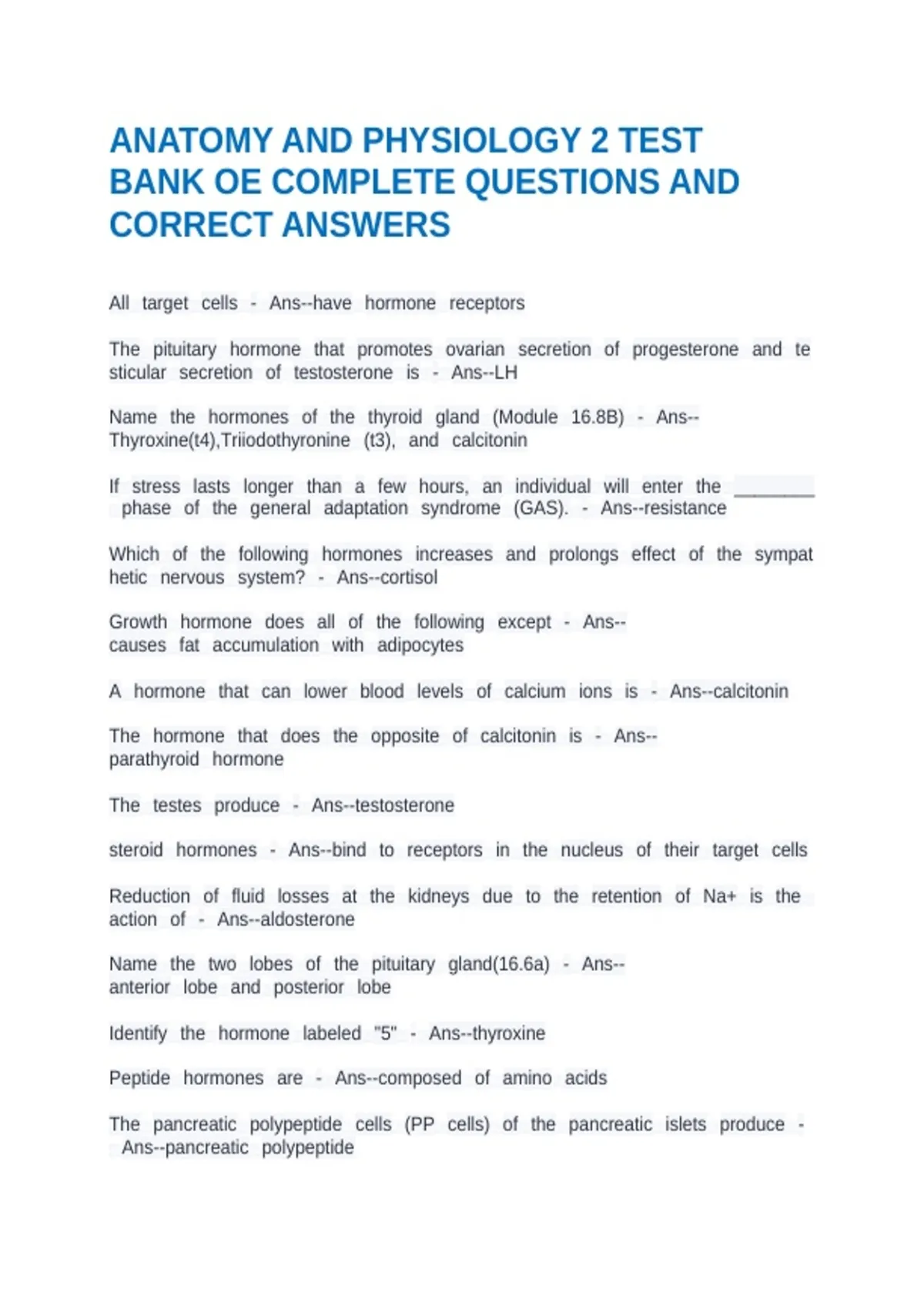ANATOMY AND PHYSIOLOGY 2 TEST BANK OE COMPLETE QUESTIONS AND CORRECT ...