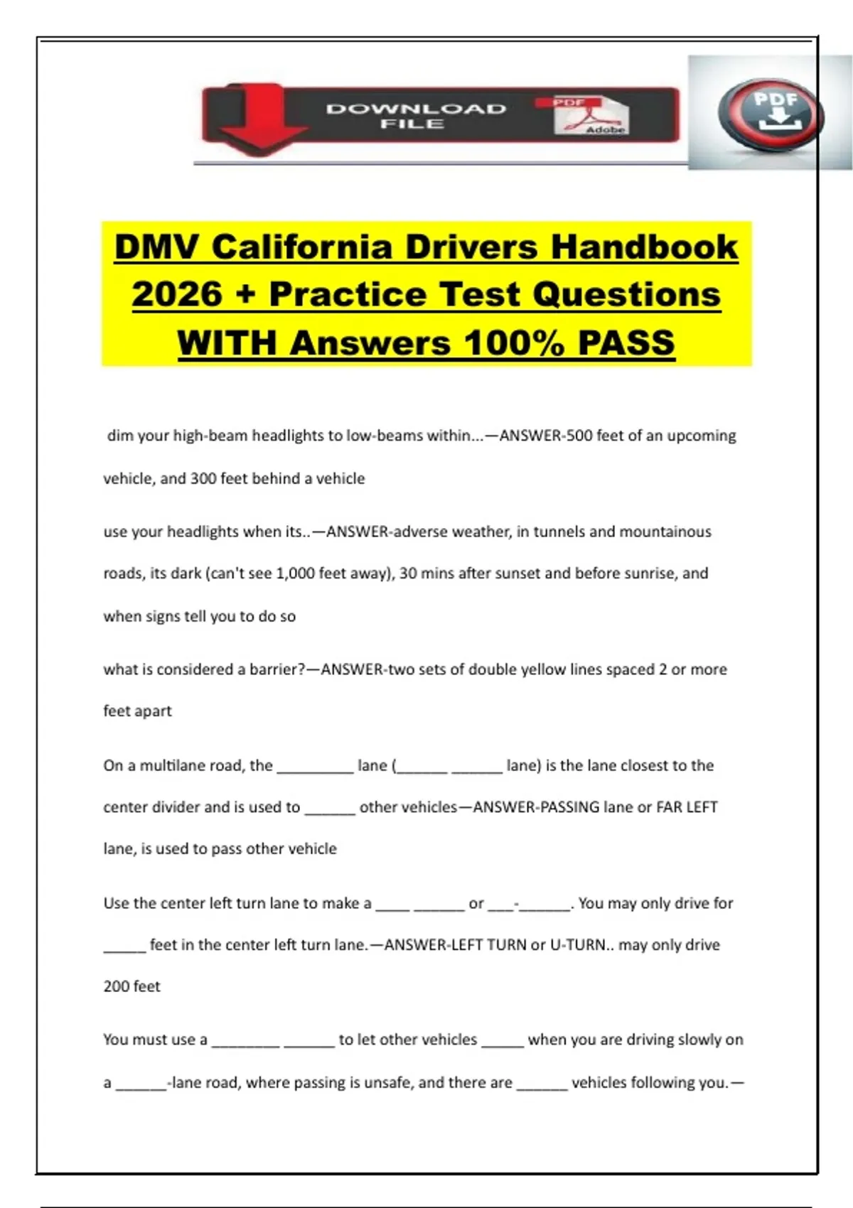 DMV California Drivers Handbook 2026 + Practice Test Questions WITH ...