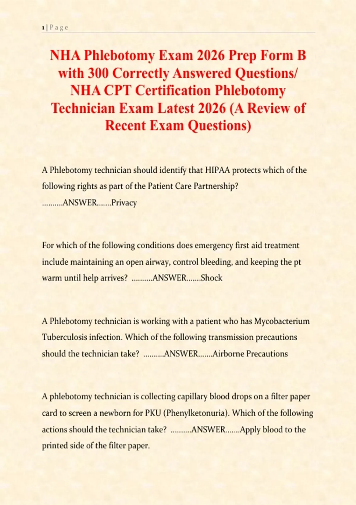 NHA Phlebotomy Exam 2026 Prep Form B with 300 Correctly Answered ...
