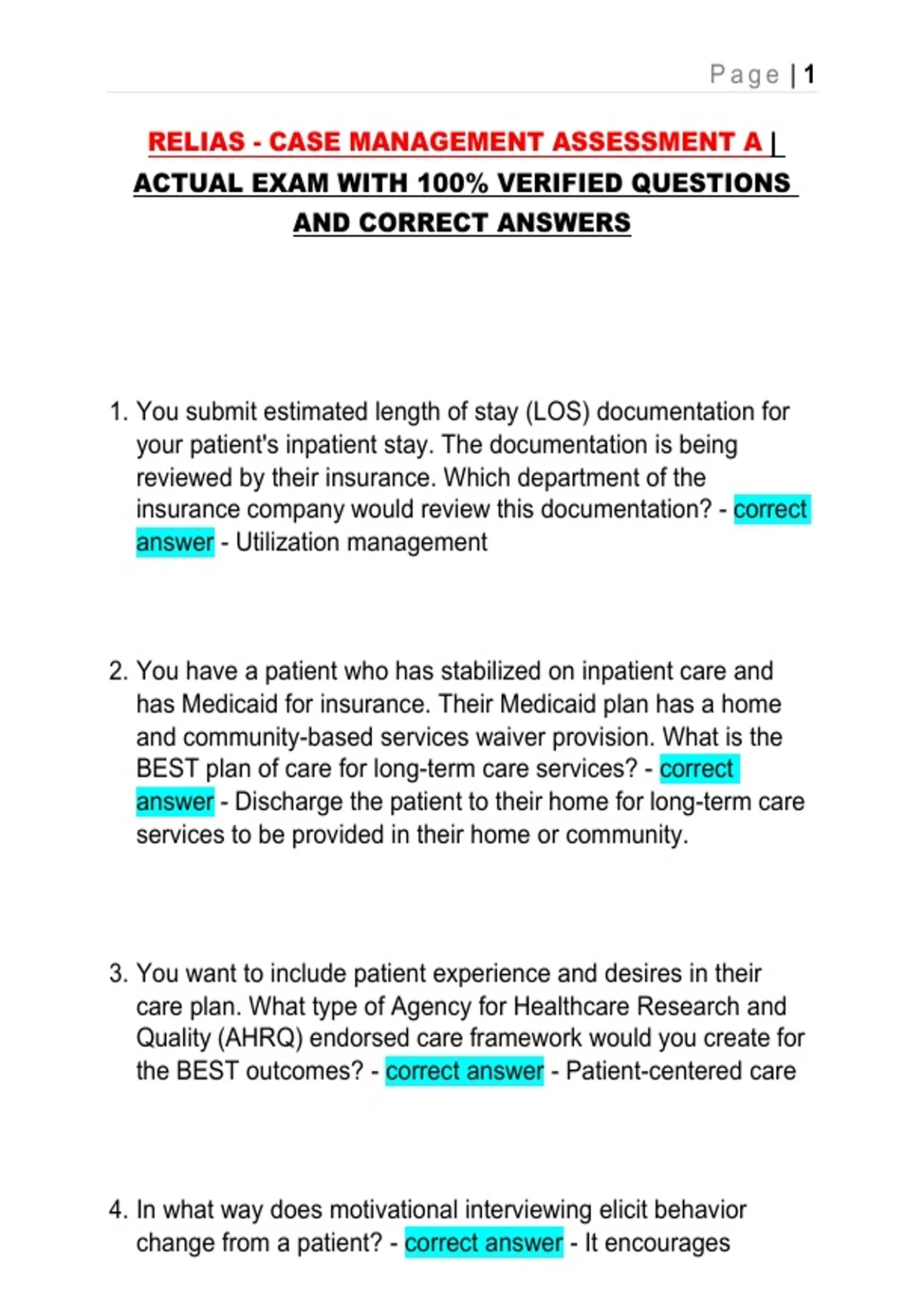 RELIAS - CASE MANAGEMENT ASSESSMENT A | ACTUAL EXAM WITH 100% VERIFIED ...