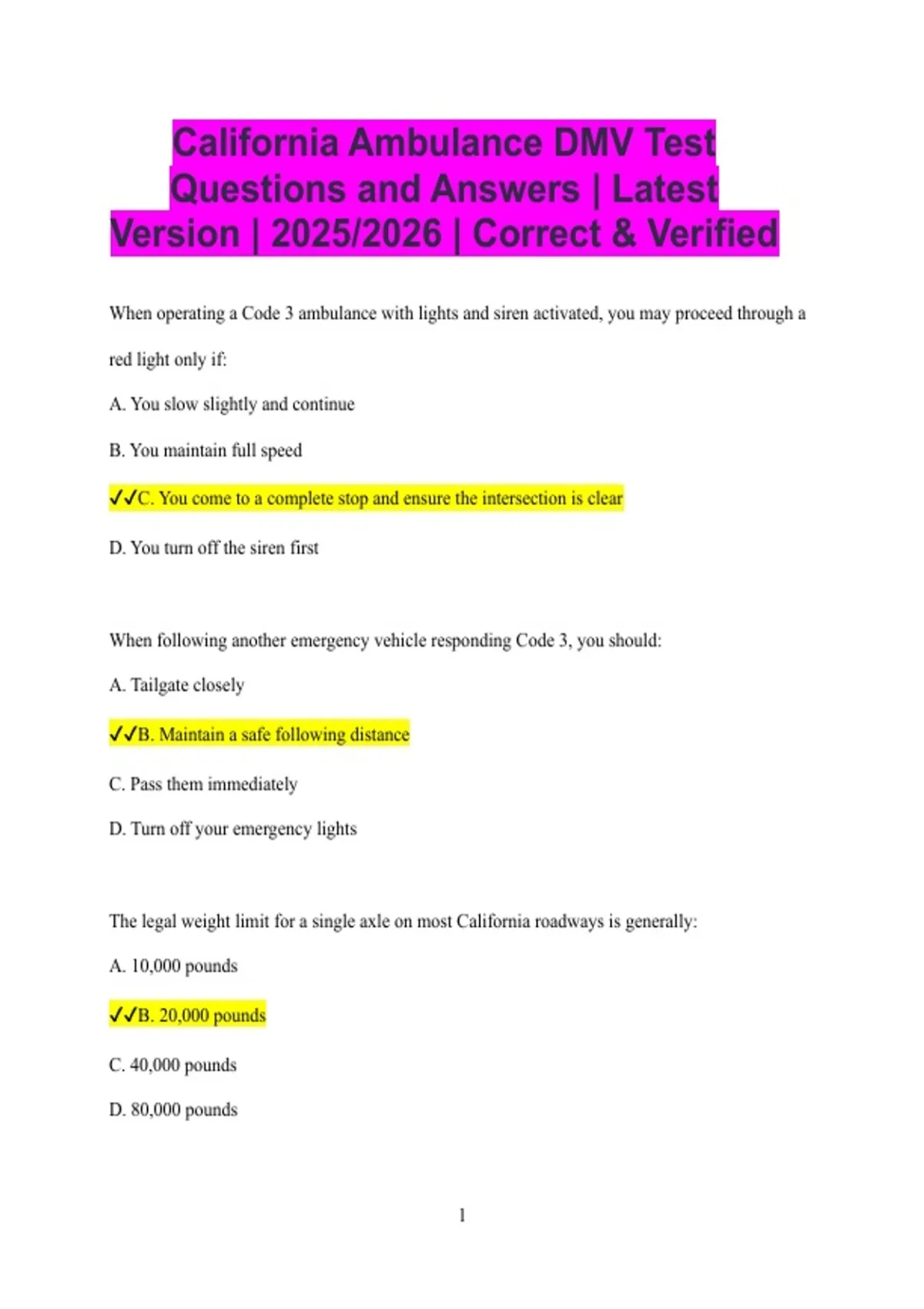 California Ambulance DMV Test Questions and Answers | Latest Version ...