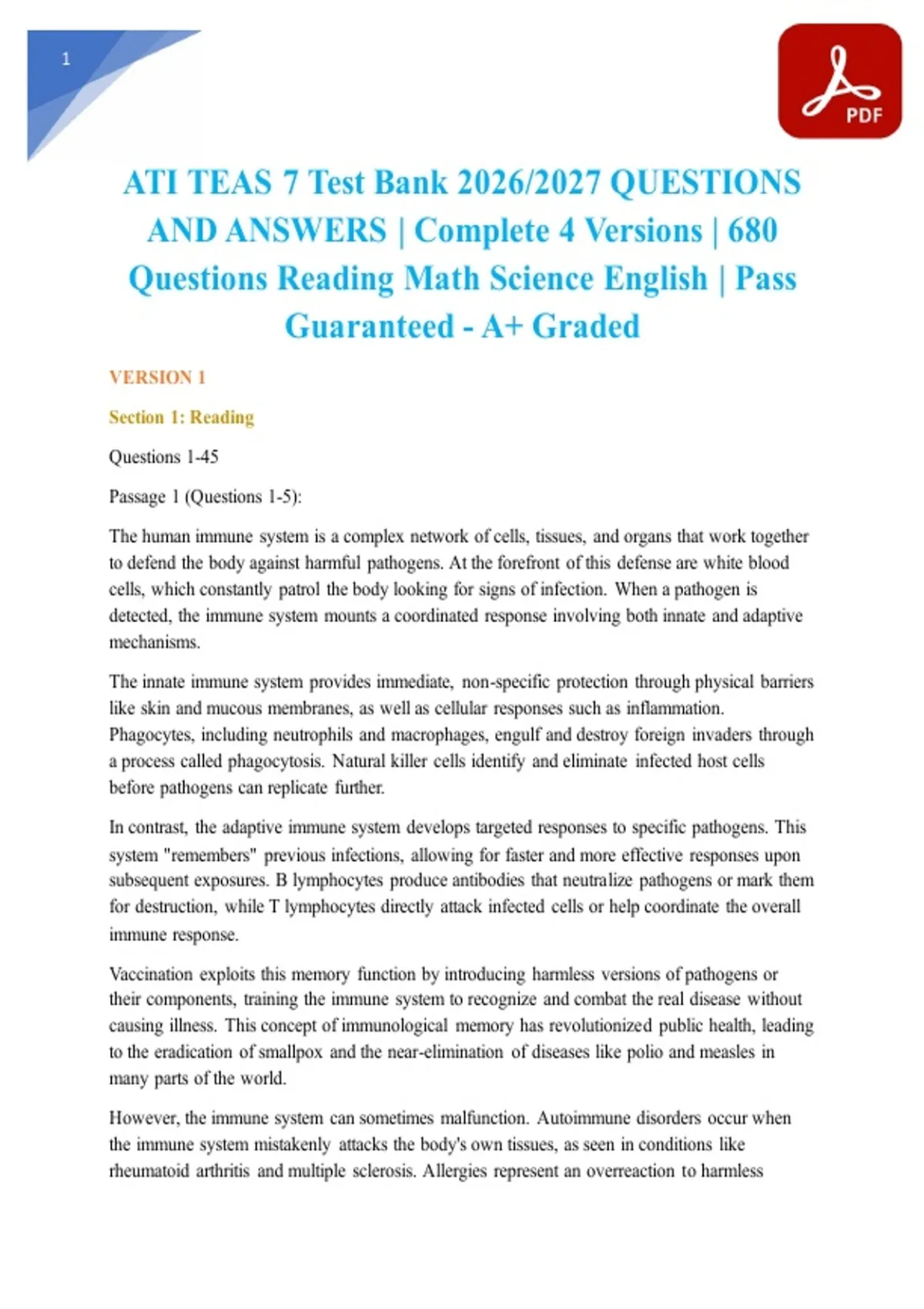 ATI TEAS 7 Test Bank 2026/2027 QUESTIONS AND ANSWERS | Complete 4 ...