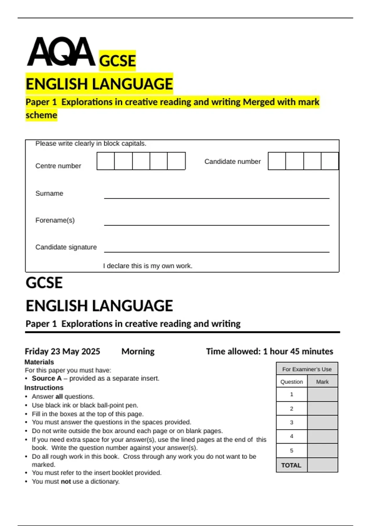 AQA GCSE English Language Paper 1 – Explorations in Creative Reading ...