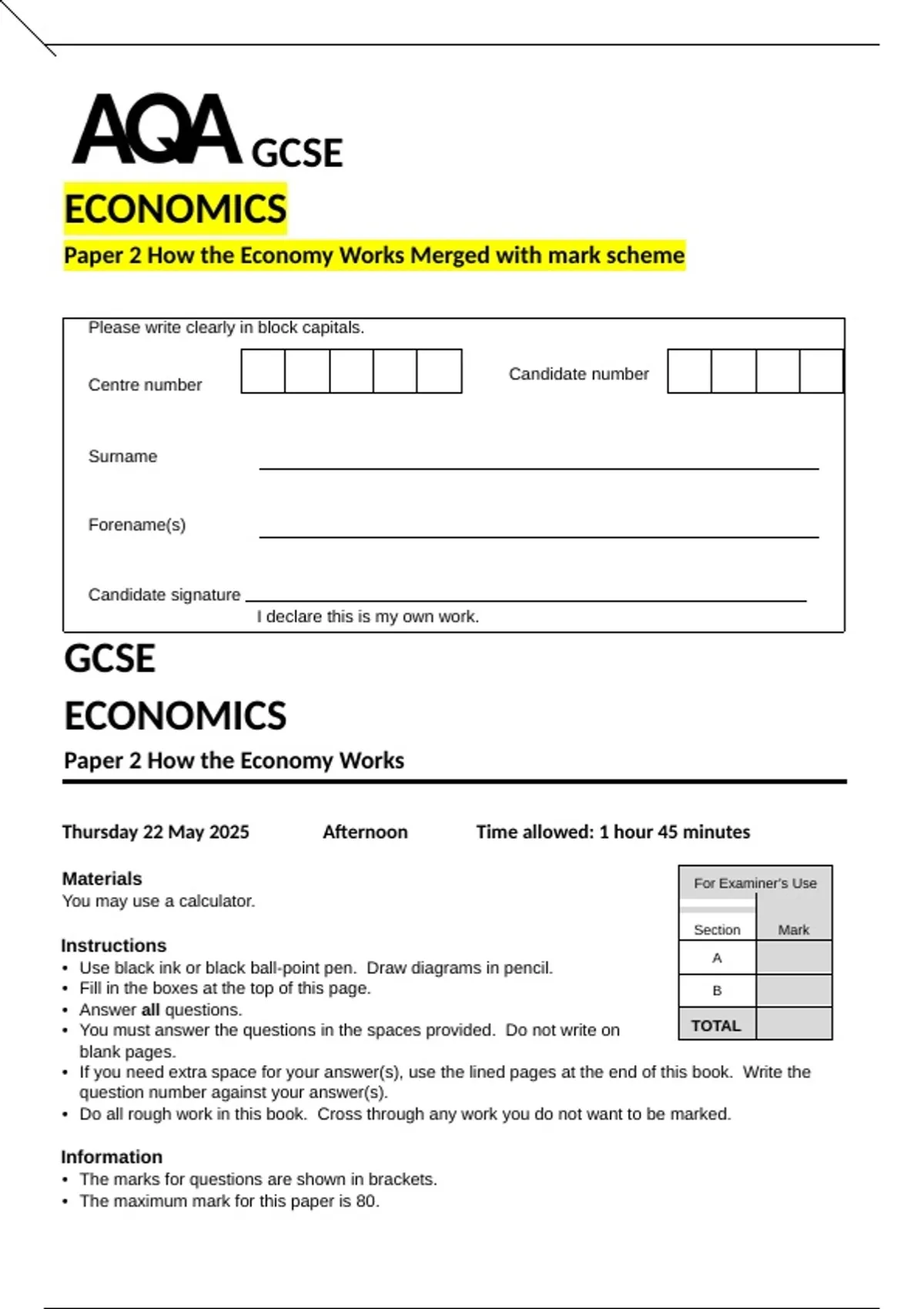 AQA GCSE Economics Paper 2 – How the Economy Works (Summer 2025) – Full ...