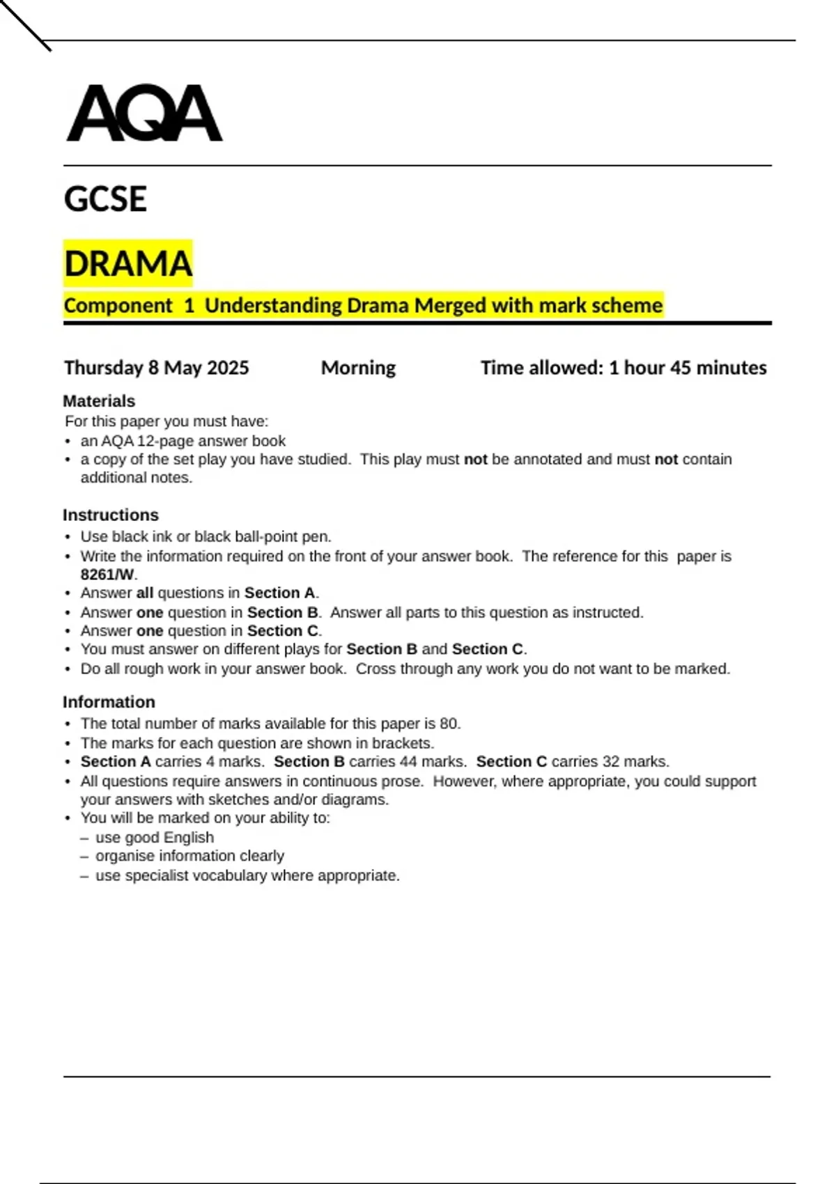 AQA GCSE Drama Component 1 – Understanding Drama (Summer 2025) – Full ...