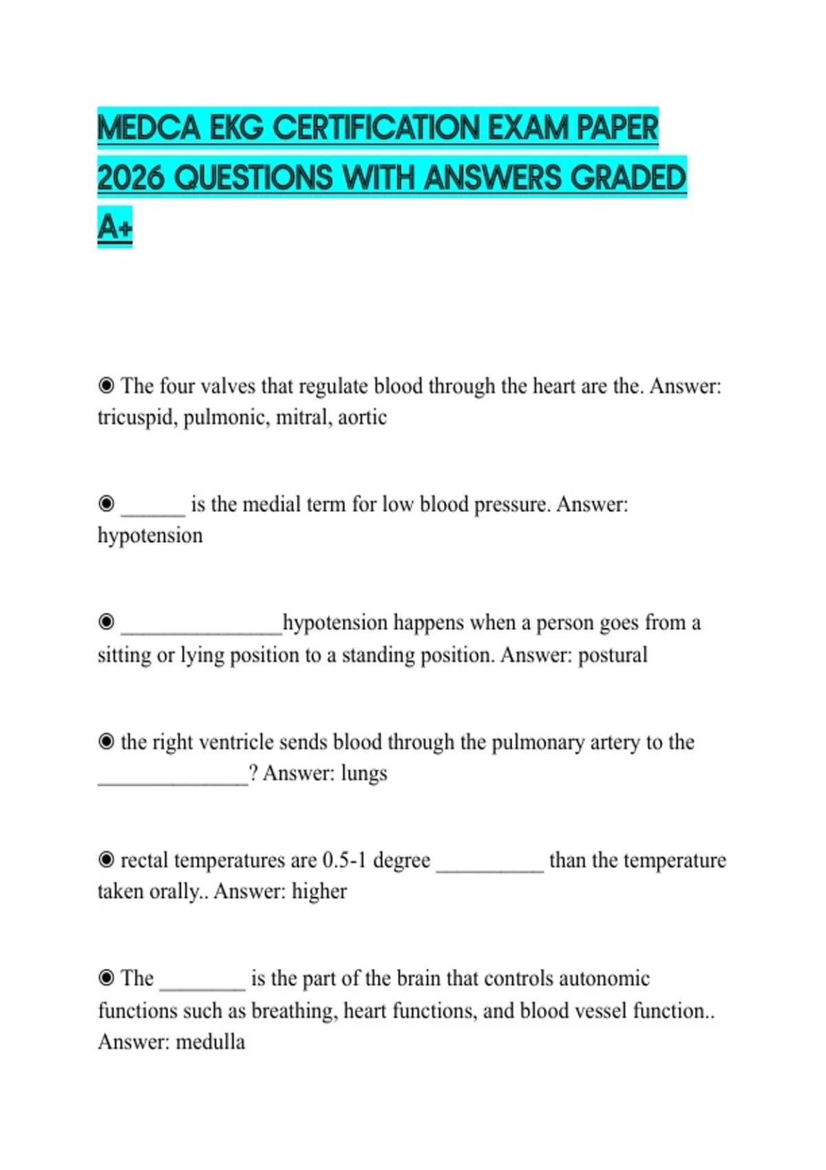MEDCA EKG CERTIFICATION EXAM PAPER 2026 QUESTIONS WITH ANSWERS GRADED ...