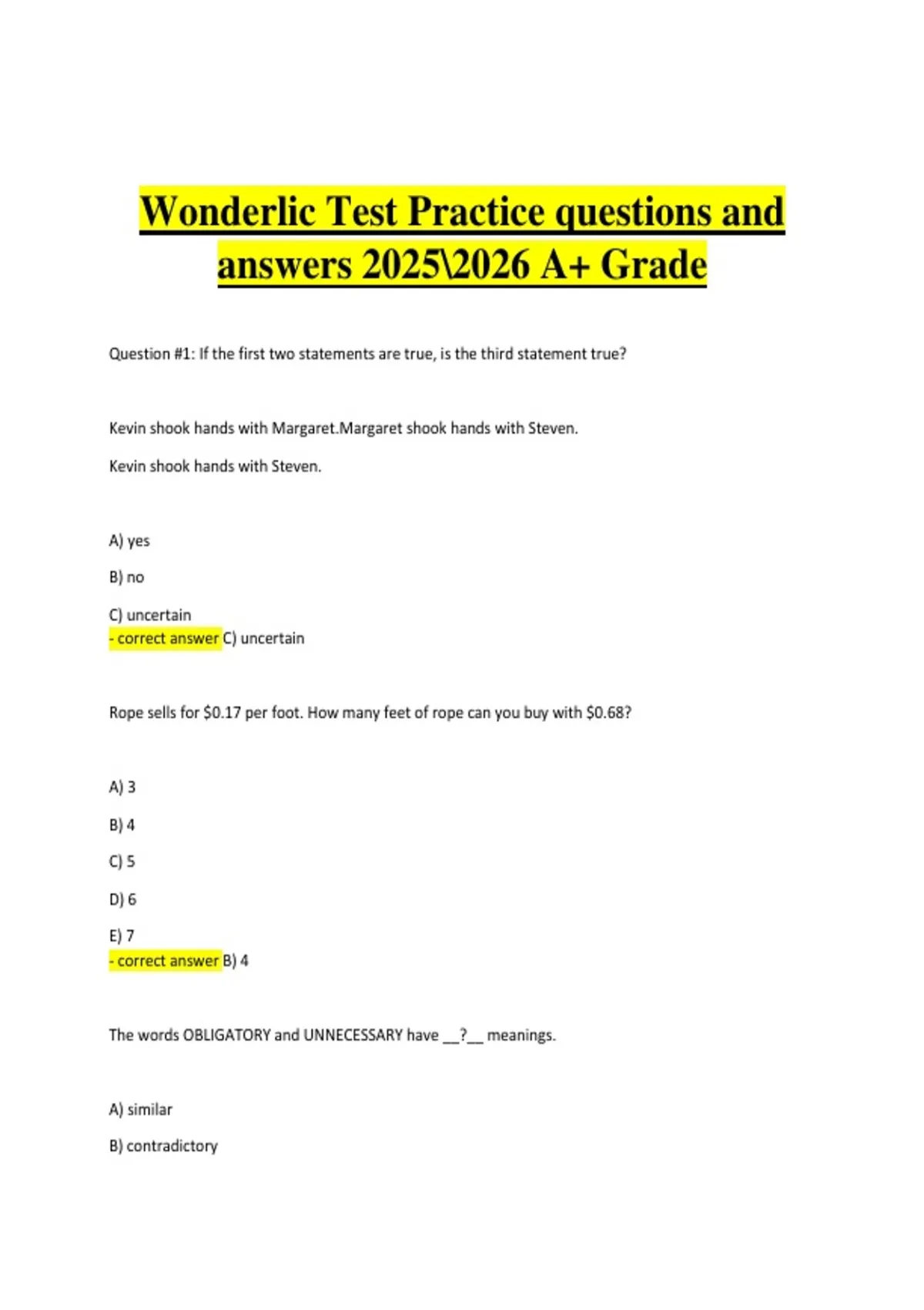 Wonderlic Test – 2025/2026 – Practice Questions with Verified ...