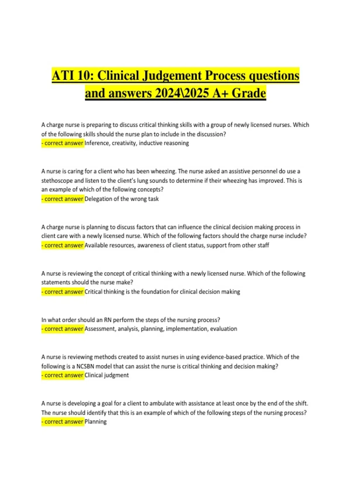 ATI 10 Clinical Judgment Process Mastery (2024–2025) — A+ PrepATI 10 ...