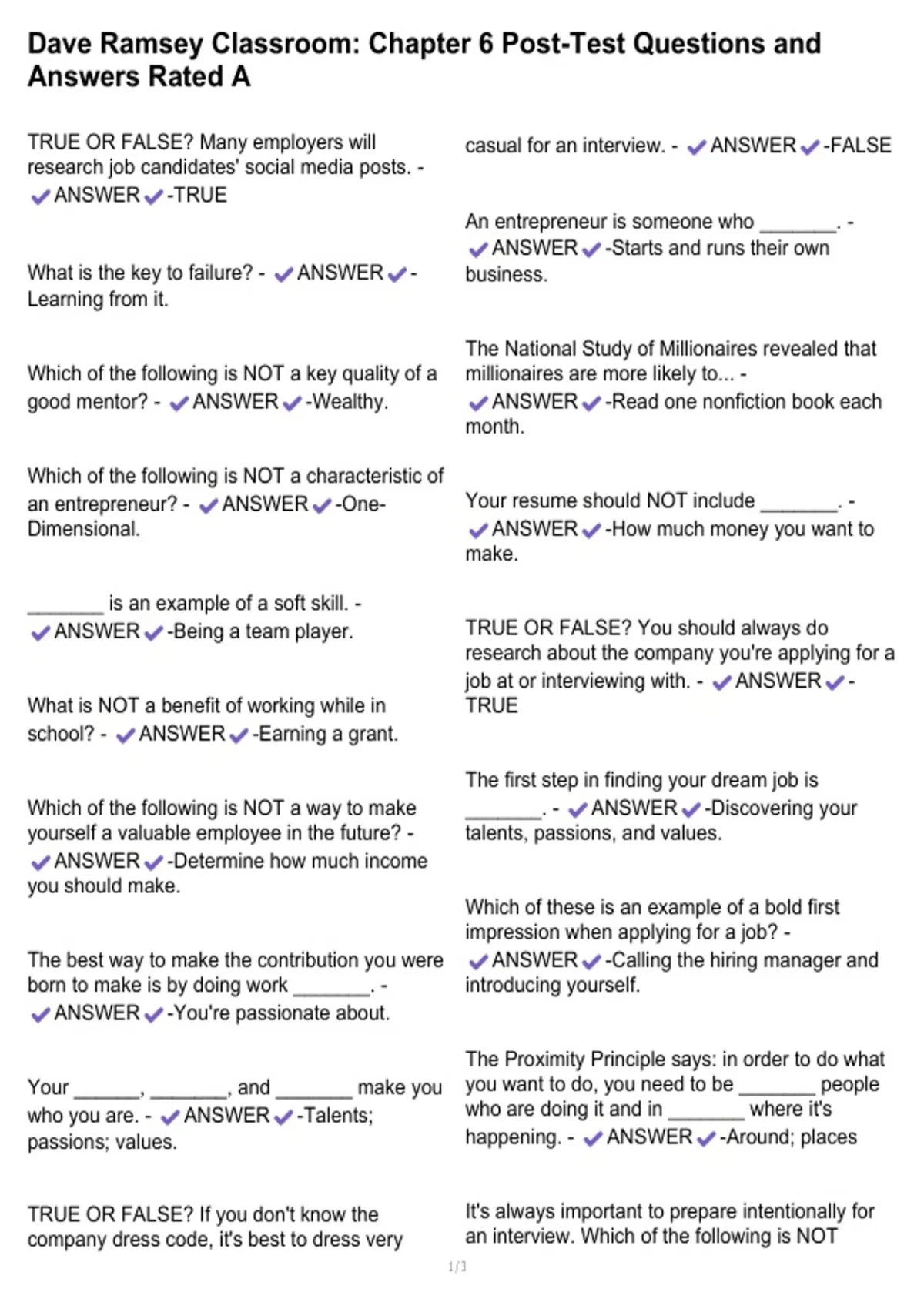 Dave Ramsey Classroom: Chapter 6 Post-Test Questions and Answers Rated ...